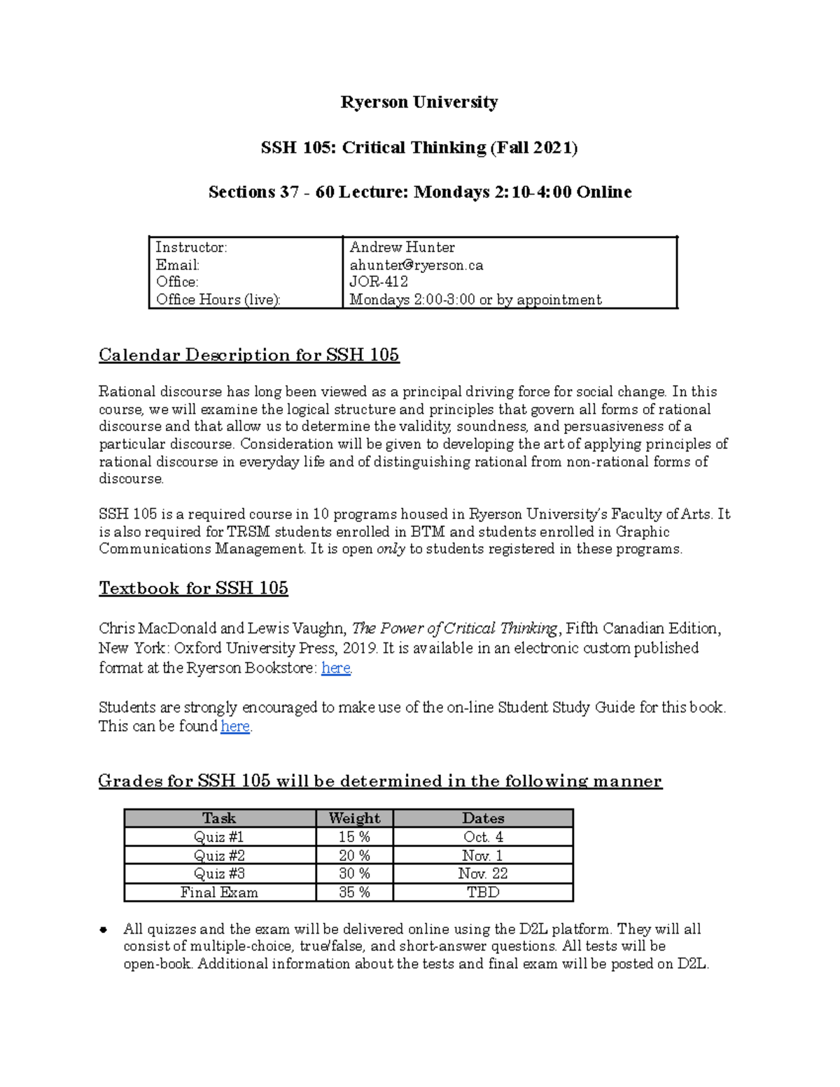 SSH 105 F21 37-60 Course Outline - SSH105 - Toronto Met - Studocu