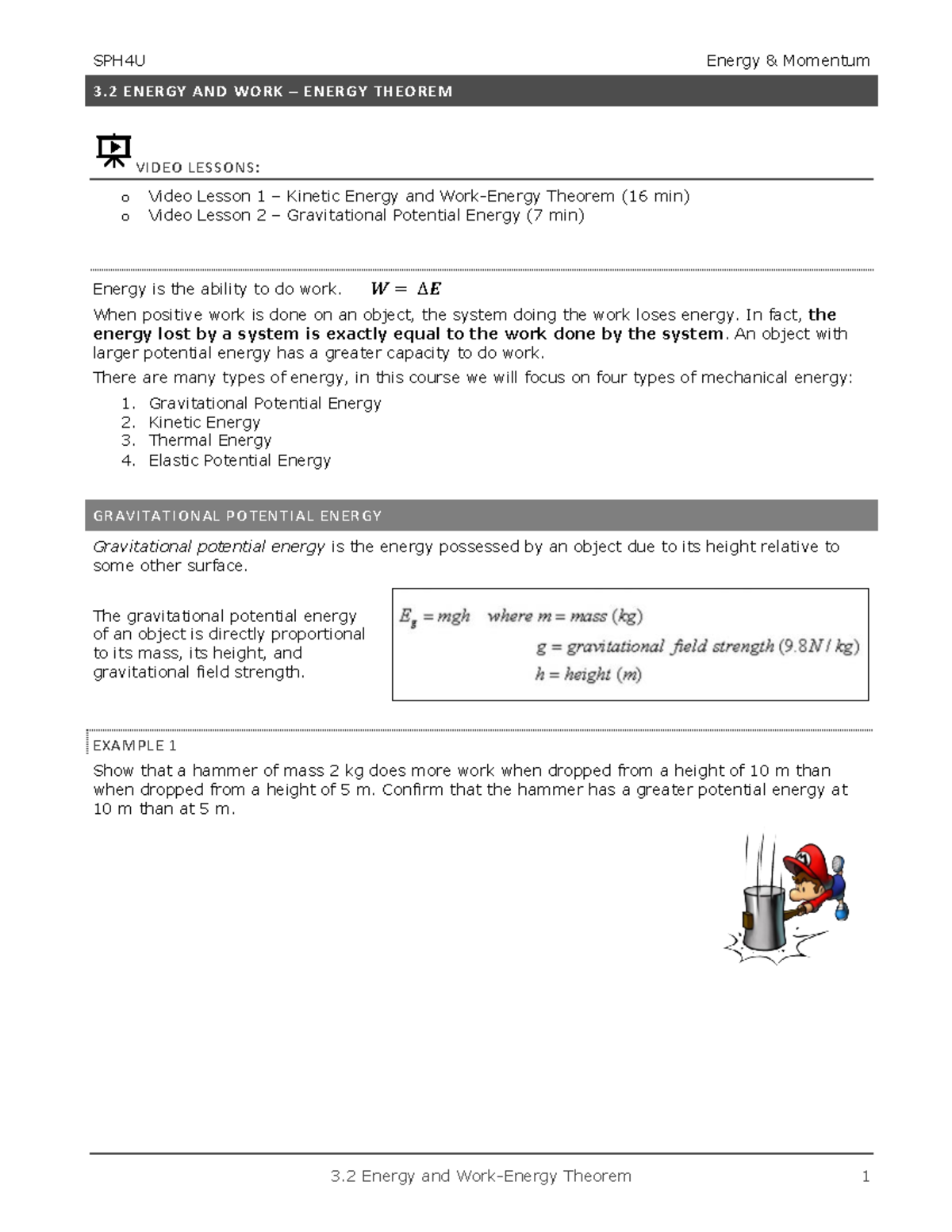 3.2 Energy and Work-Energy Theorem - Handout - SPH4U Energy & Momentum ...