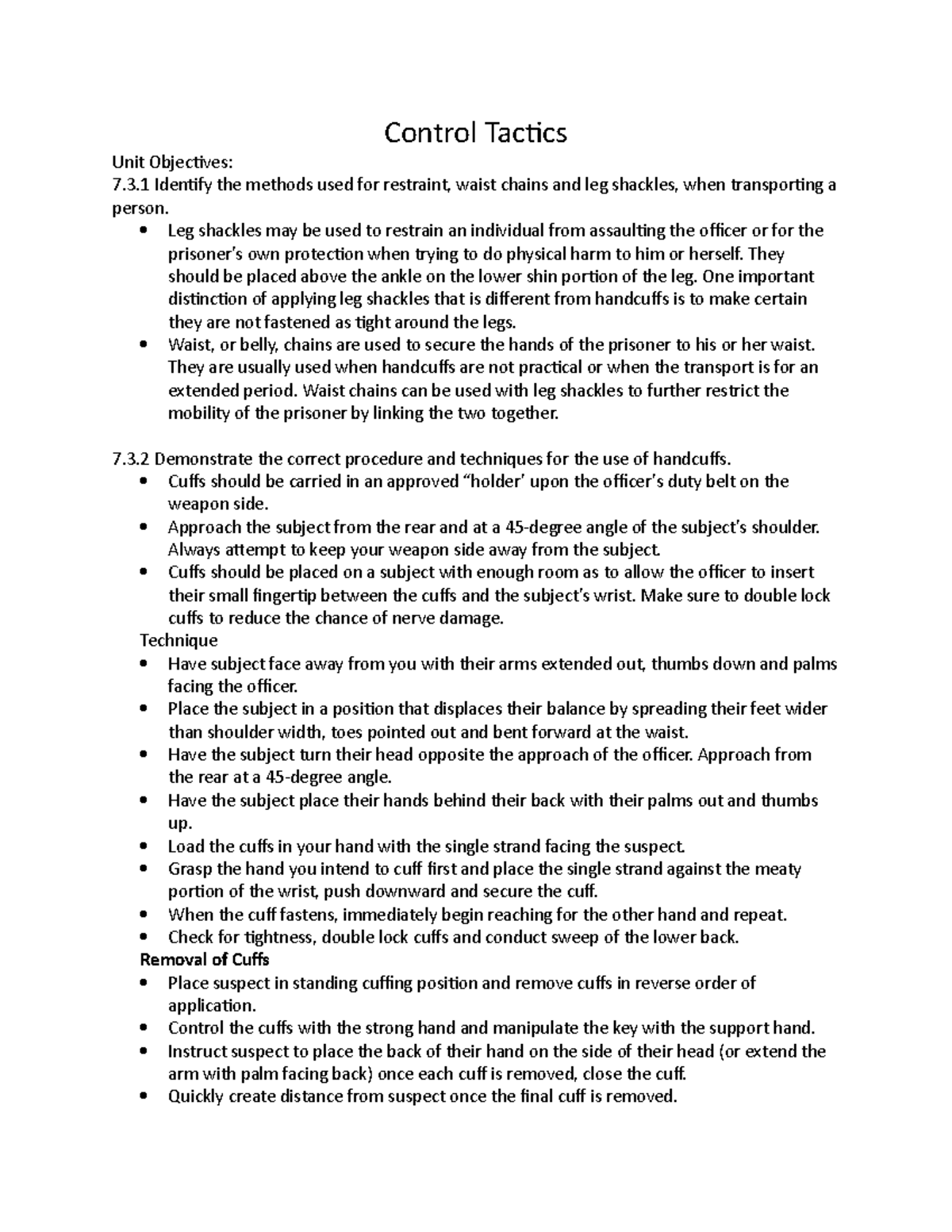 Test 6-Control Tactics - Control Tactics Unit Objectives: 7.3 Identify ...