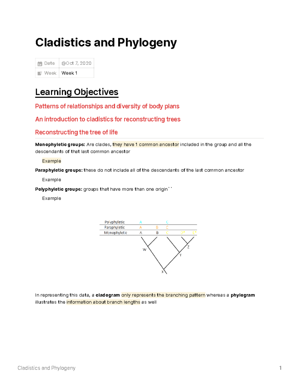 Cladistics and Phylogeny - Cladistics and Phylogeny Date Week Week 1 ...