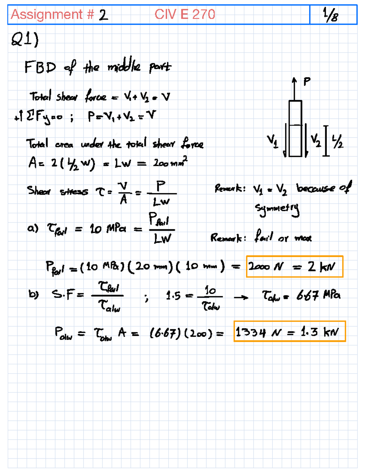 Civ E 270 Assignment 2 Solution - 2 21 FBD of the middle part P Total shear force V V2 V EFy o P ...