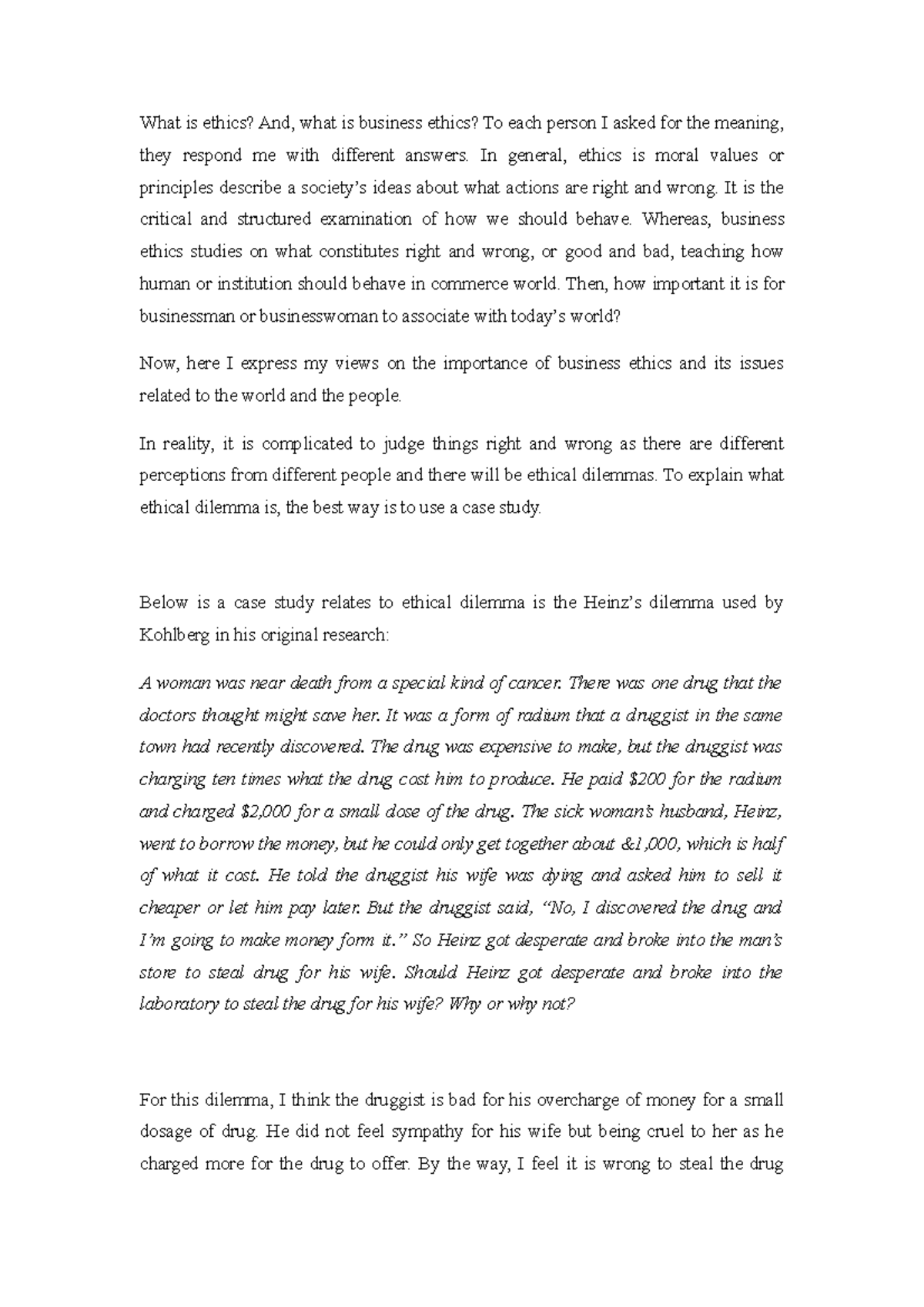 Reflective Essay - What is ethics? And, what is business ethics? To ...