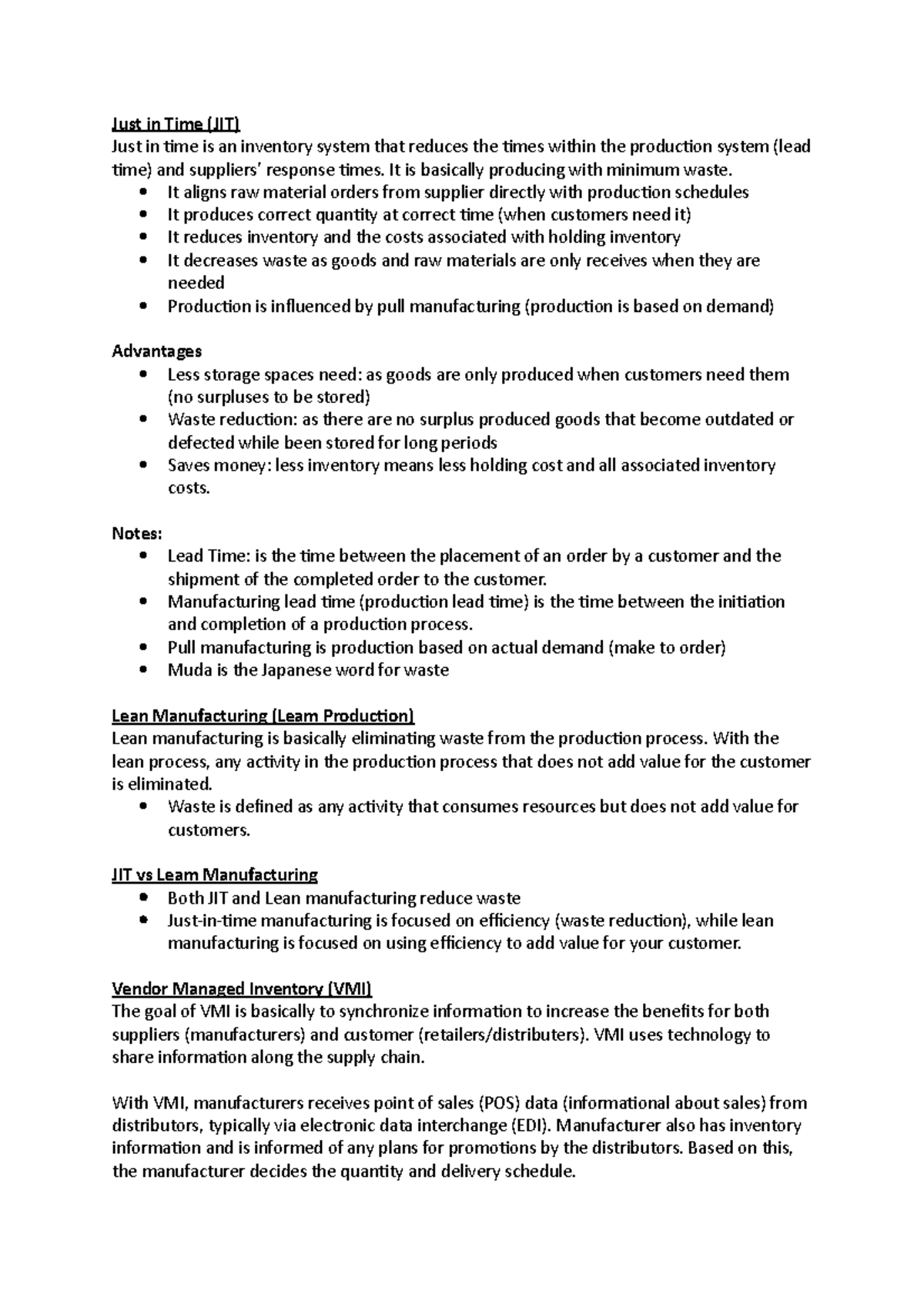Just in time notes - Just in Time (JIT) Just in time is an inventory ...