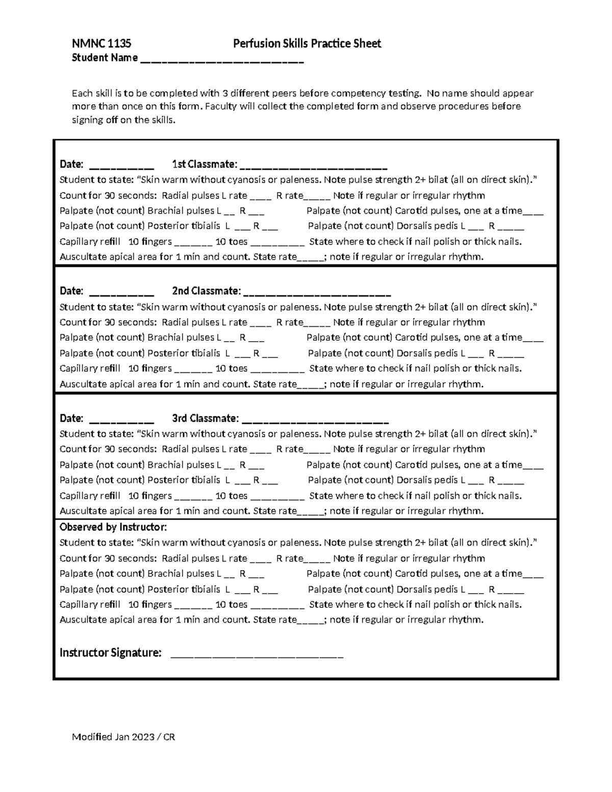 Perfusion Assessment Checklist - NMNC 1135 Perfusion Skills Practice ...