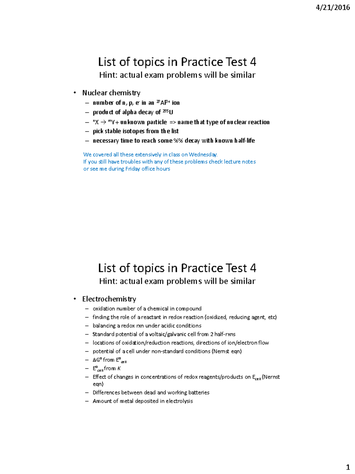 Test4 review - List of topics in Practice Test 4 Hint: actual exam ...