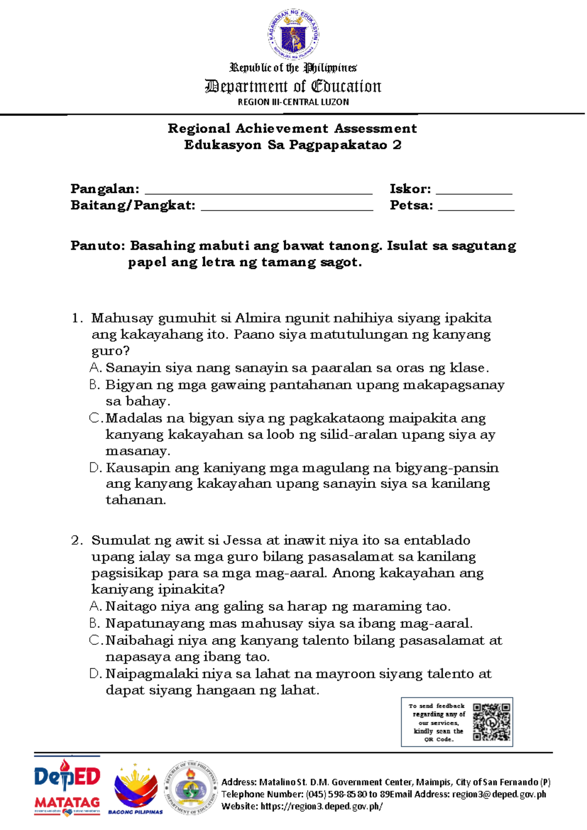 Regional Achievement Test in Es P 2 - Republic of the Philippines ...