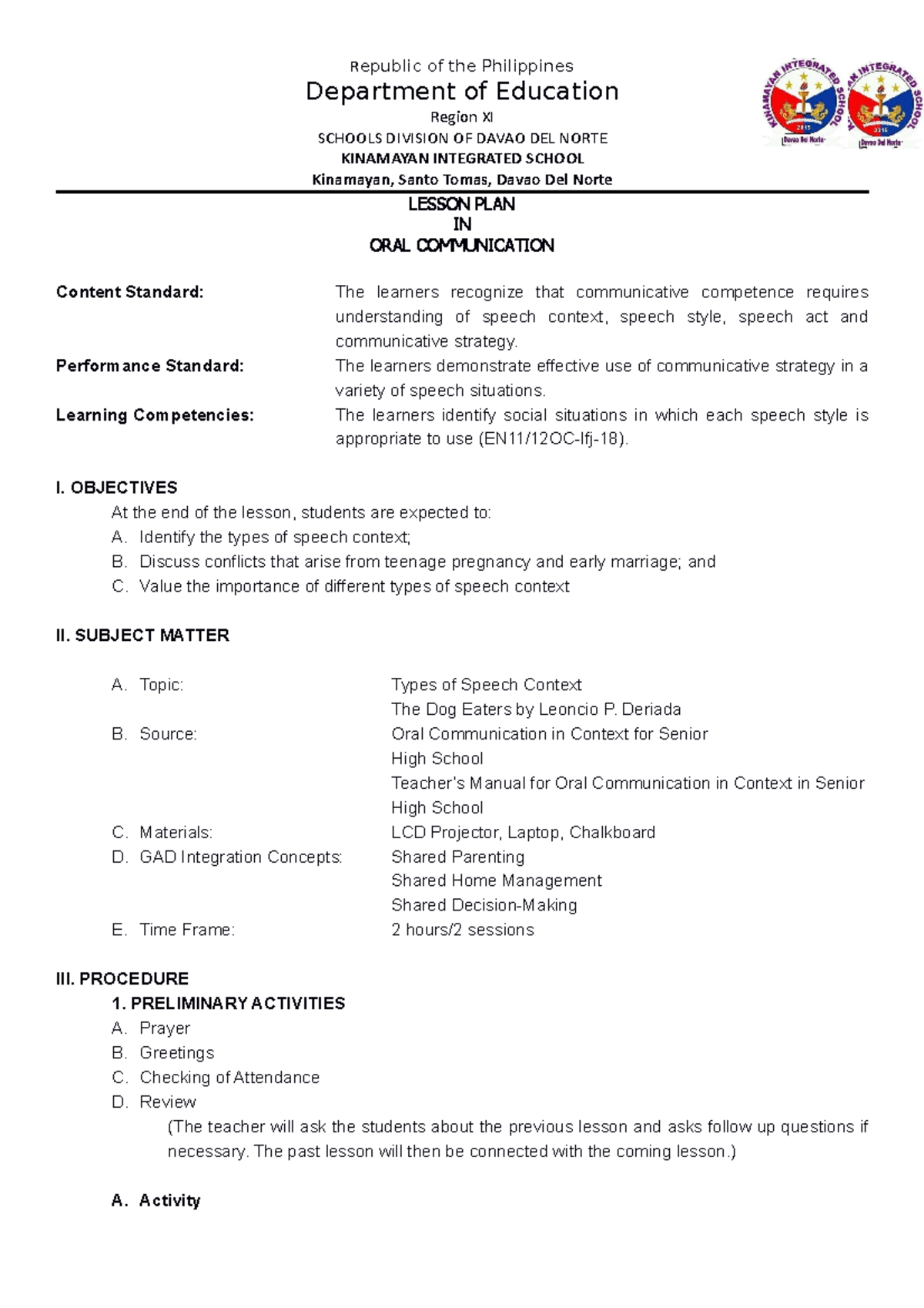 GAD- Integrated- Lesson-PLAN 5 - Republic of the Philippines Department ...