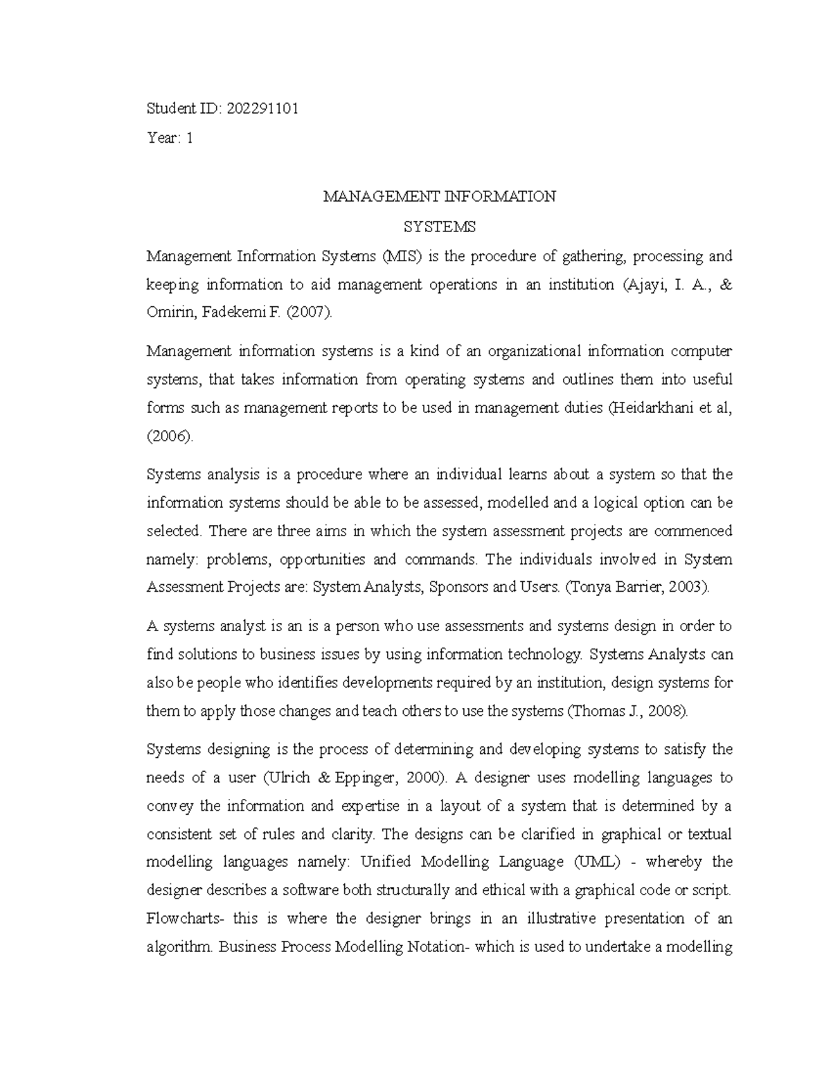 Management Information Systems Assignment - Student ID: 202291101 Year ...