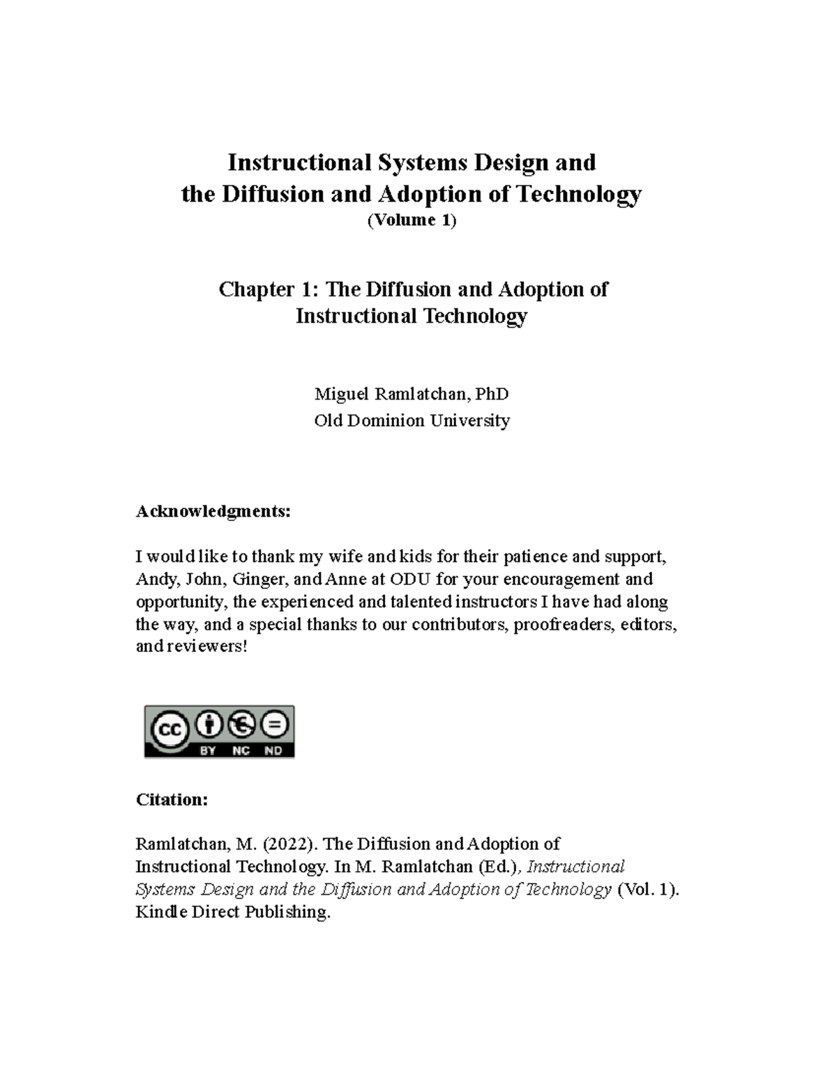 Chapter 1 The Adoption and Diffusion of Instructional Technology, Volume 1 - Instructional ...