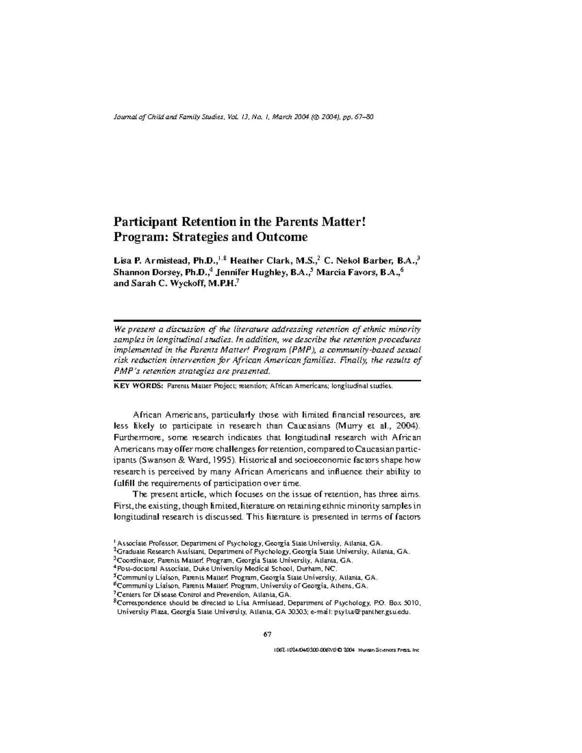 Participant Retention in the Parents Mat - Journal of Child and Family ...