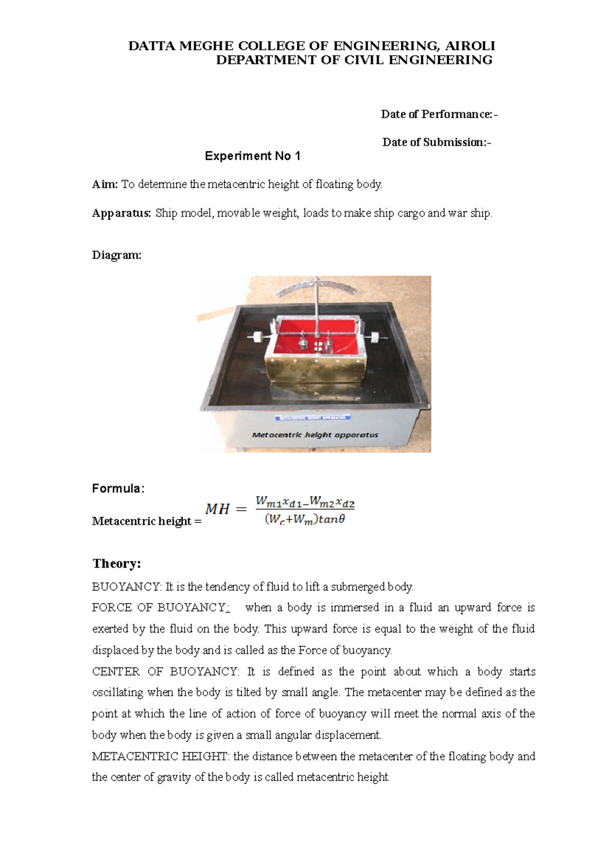 1. Metacentric height of floating body - Apparatus: Ship model, movable ...