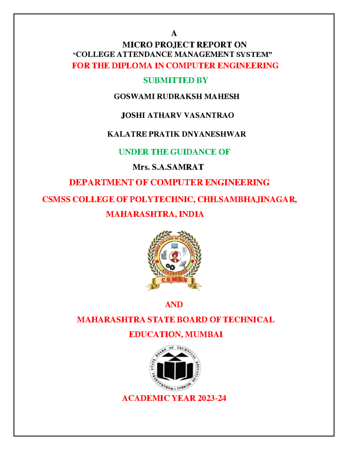 Micro sen final 1 - A MICRO PROJECT REPORT ON “COLLEGE ATTENDANCE ...