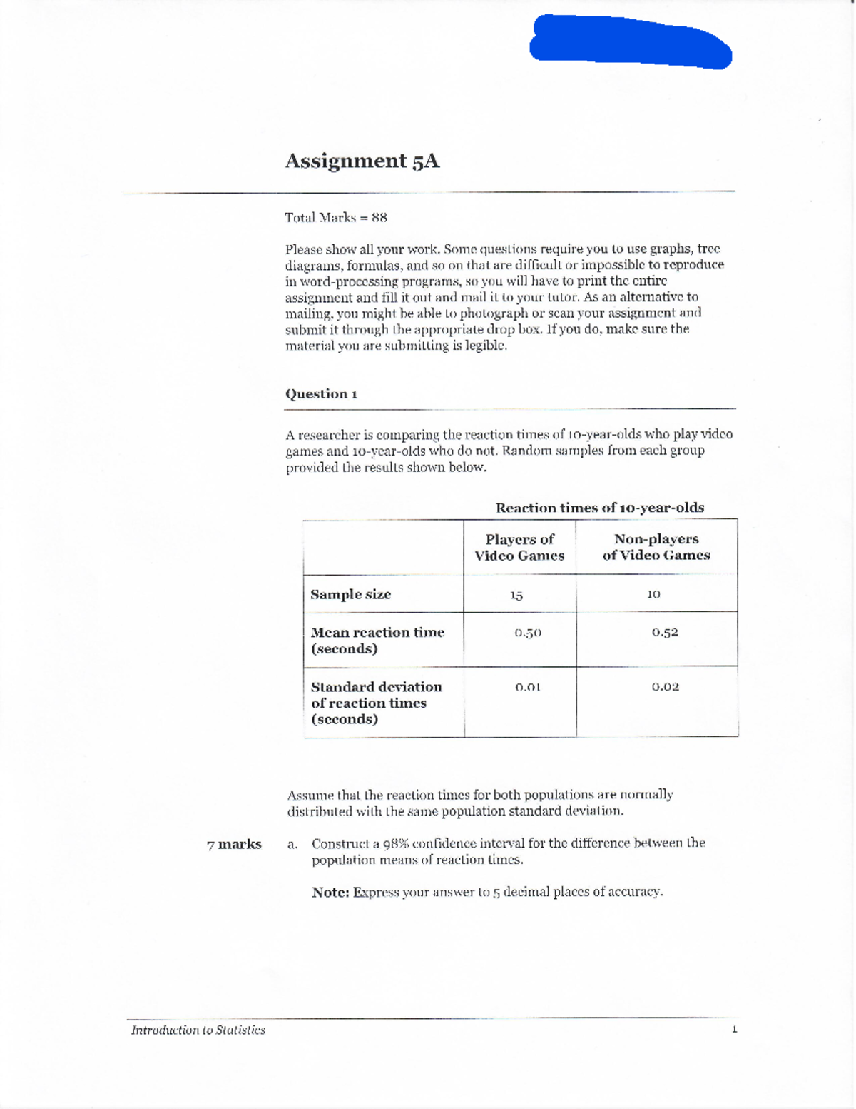 Assignment 5A introduction to statistic MATH 215 - Math 215 - Studocu