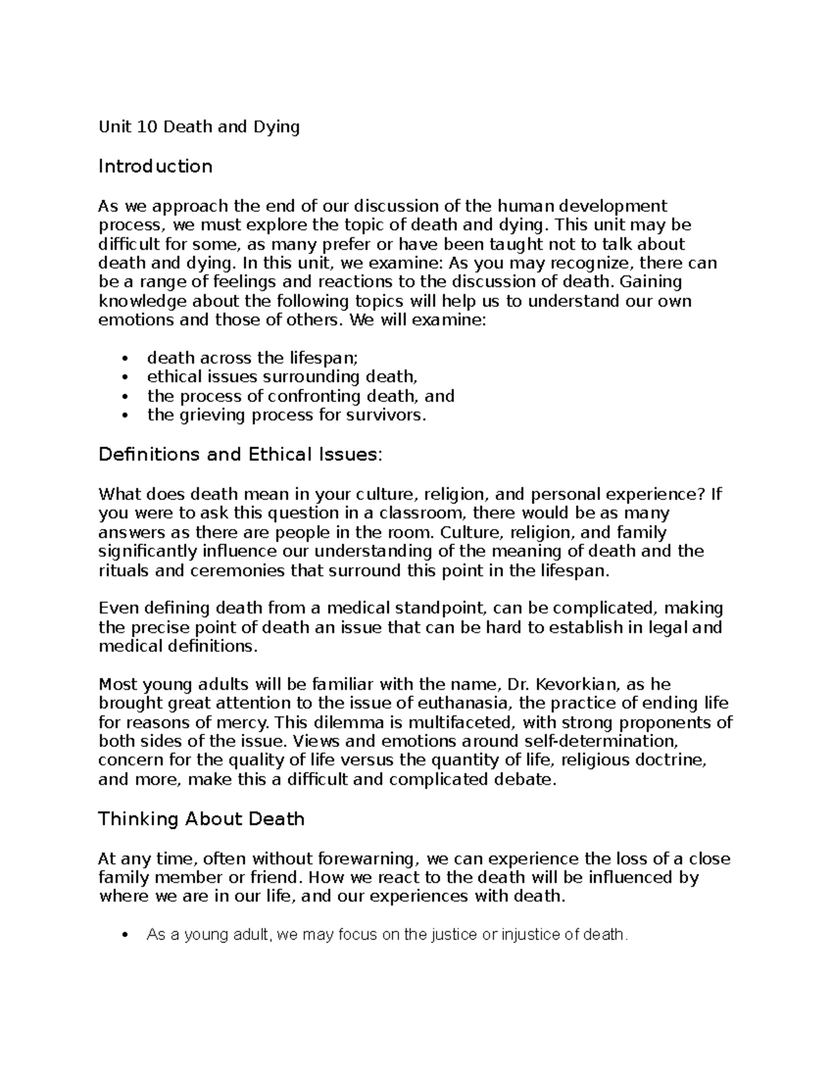 Unit 10 Death and Dying - Unit 10 Death and Dying Introduction As we ...