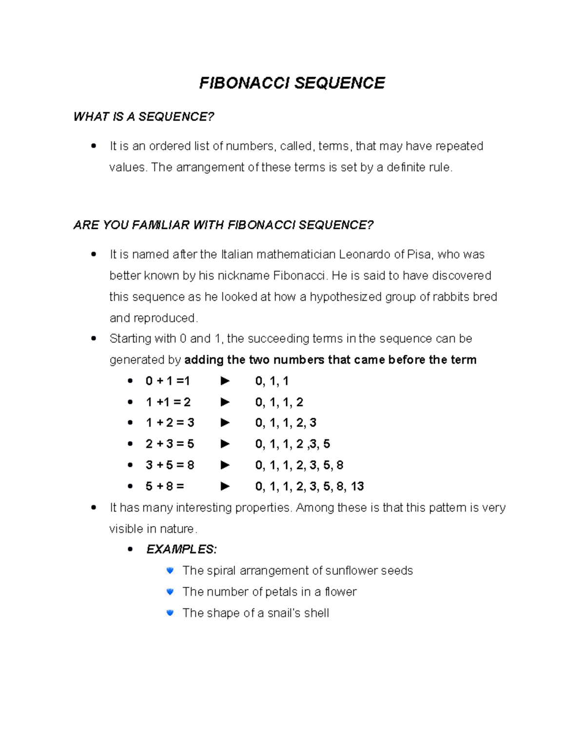 Ge3 Fibonacci Sequence Lecture Notes Fibonacci Sequence What Is A Sequence It Is An Ordered