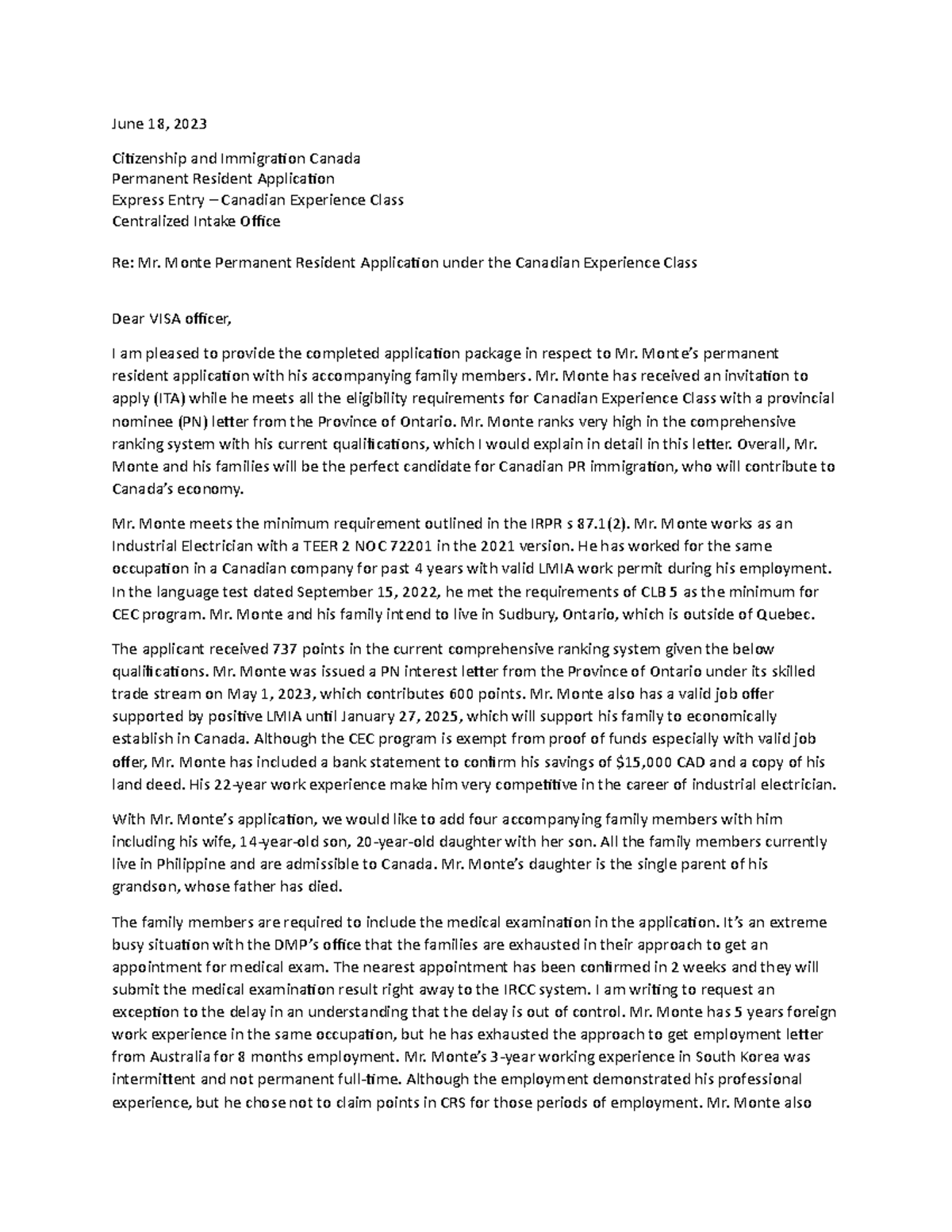 Assignment 3 - Re: Mr. Monte Permanent Resident Applica􀆟on under the ...