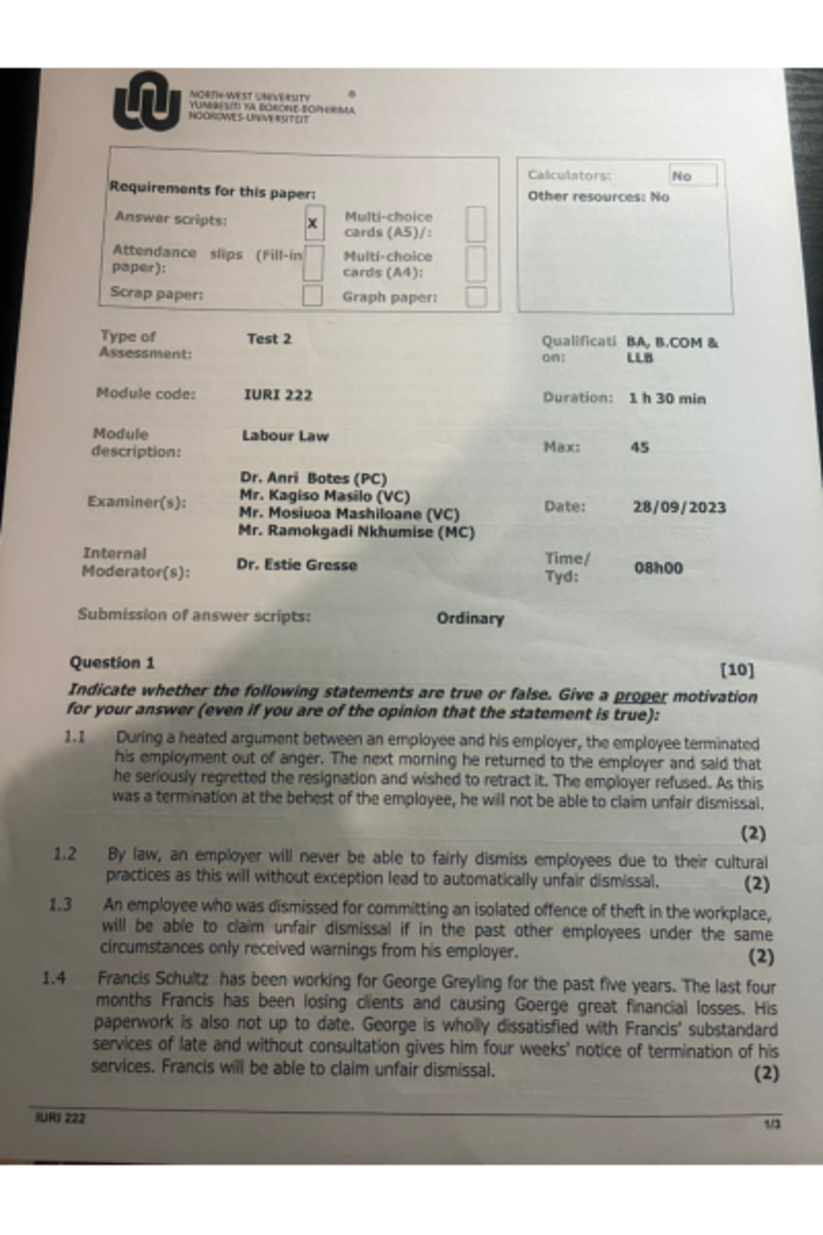 Labour question paper - UNIVERSITY YUNIBESITI YA Calculators: No ...