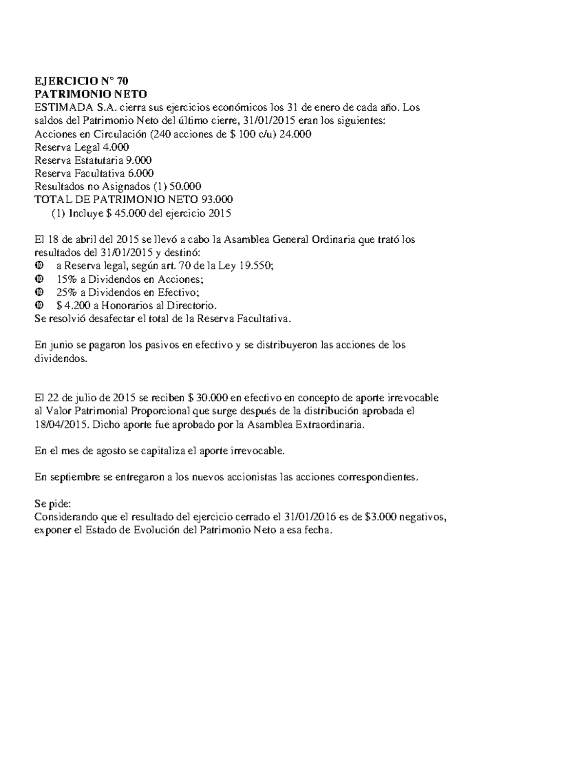 Ejercicio 70 Patrimonio neto - EJERCICIO N° 70 PATRIMONIO NETO ESTIMADA ...