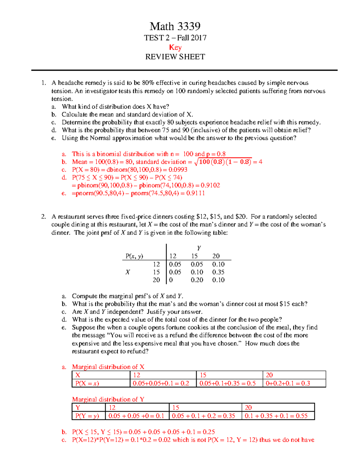 Test2 review fl17 key - Math 3339 TEST 2 – Fall 2017 Key REVIEW SHEET 1 ...