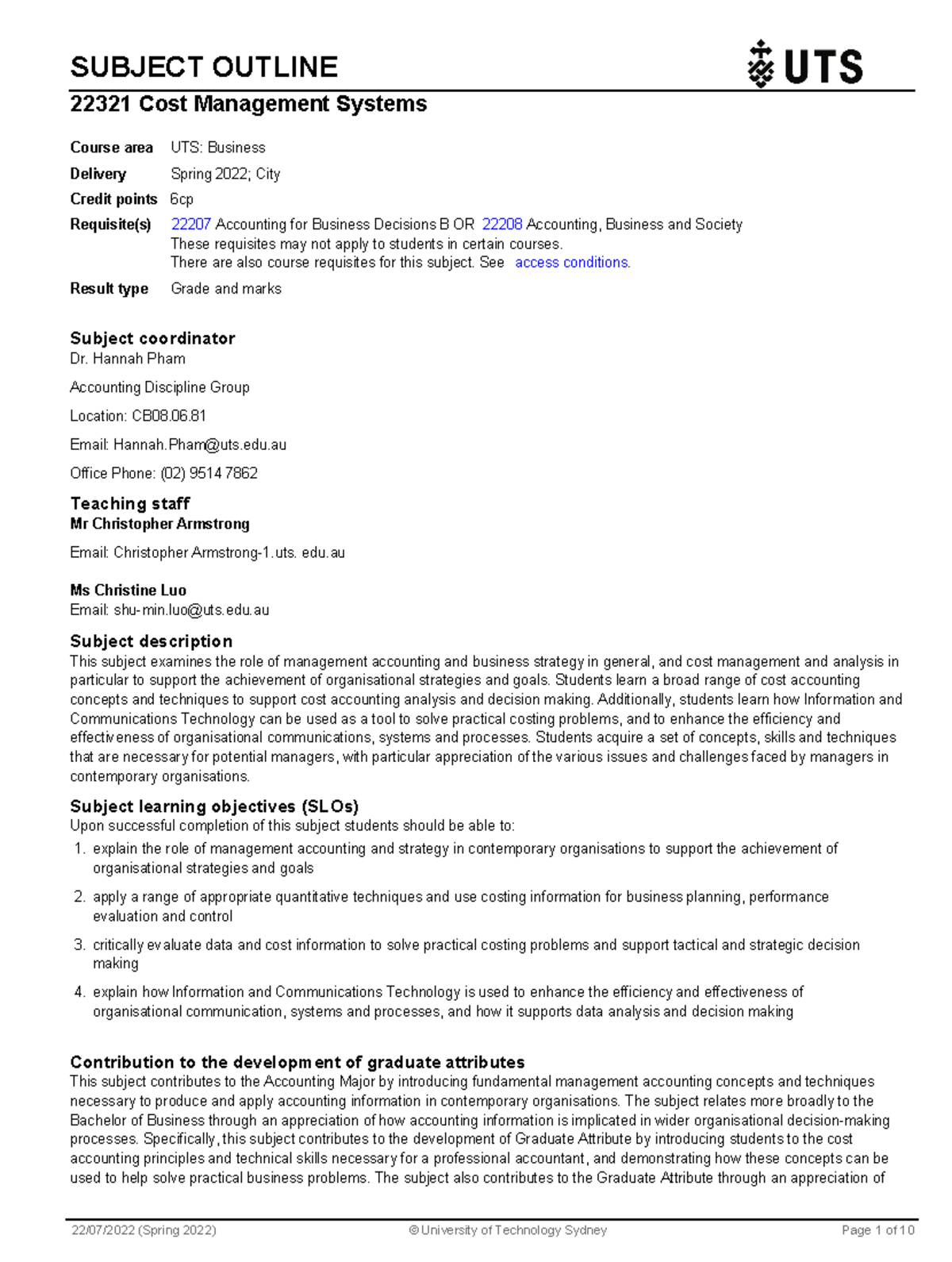 CMS Subject outline - SUBJECT OUTLINE 22321 Cost Management Systems ...