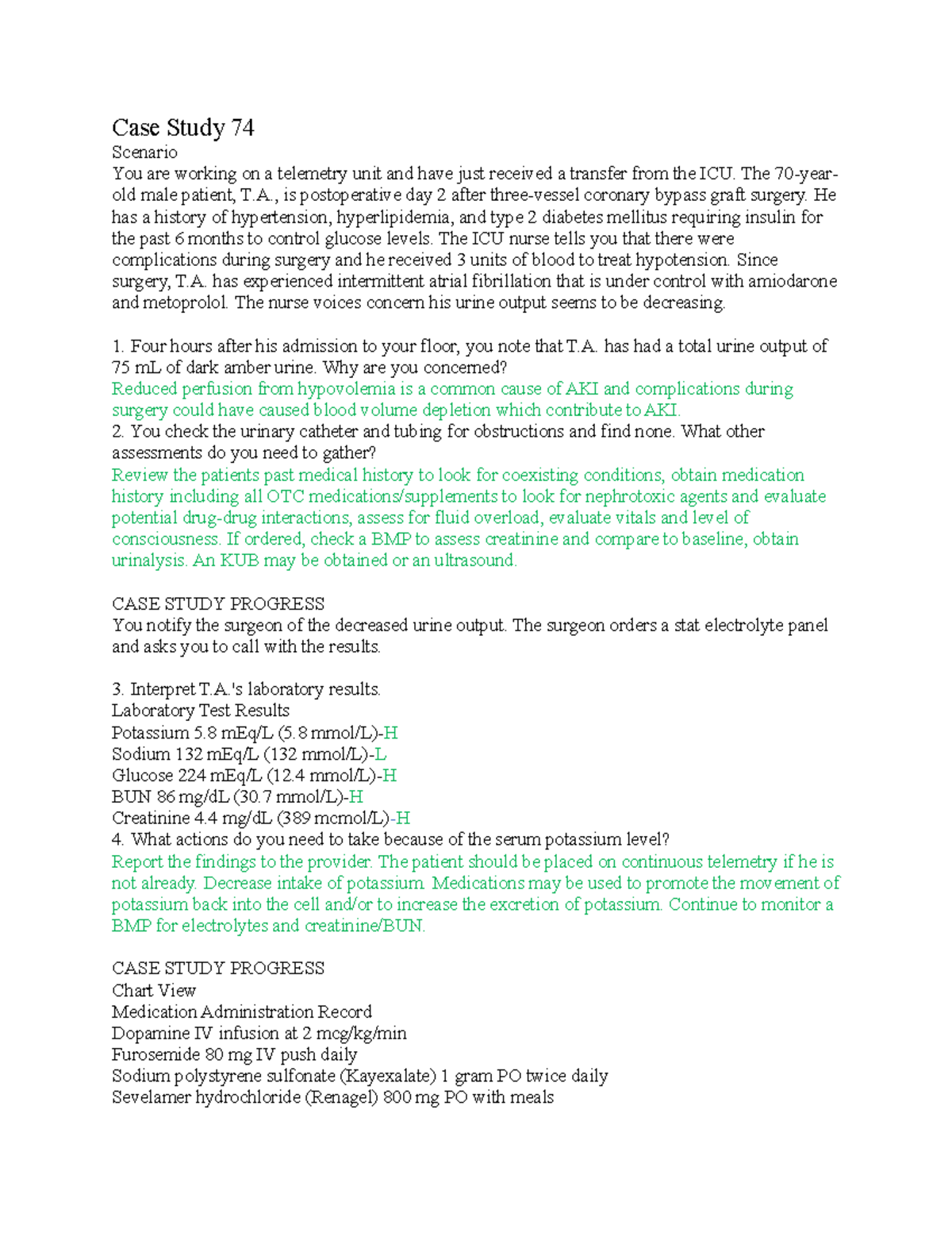 MS2 case study 74 Acute Kidney Injury - Case Study 74 Scenario You are ...