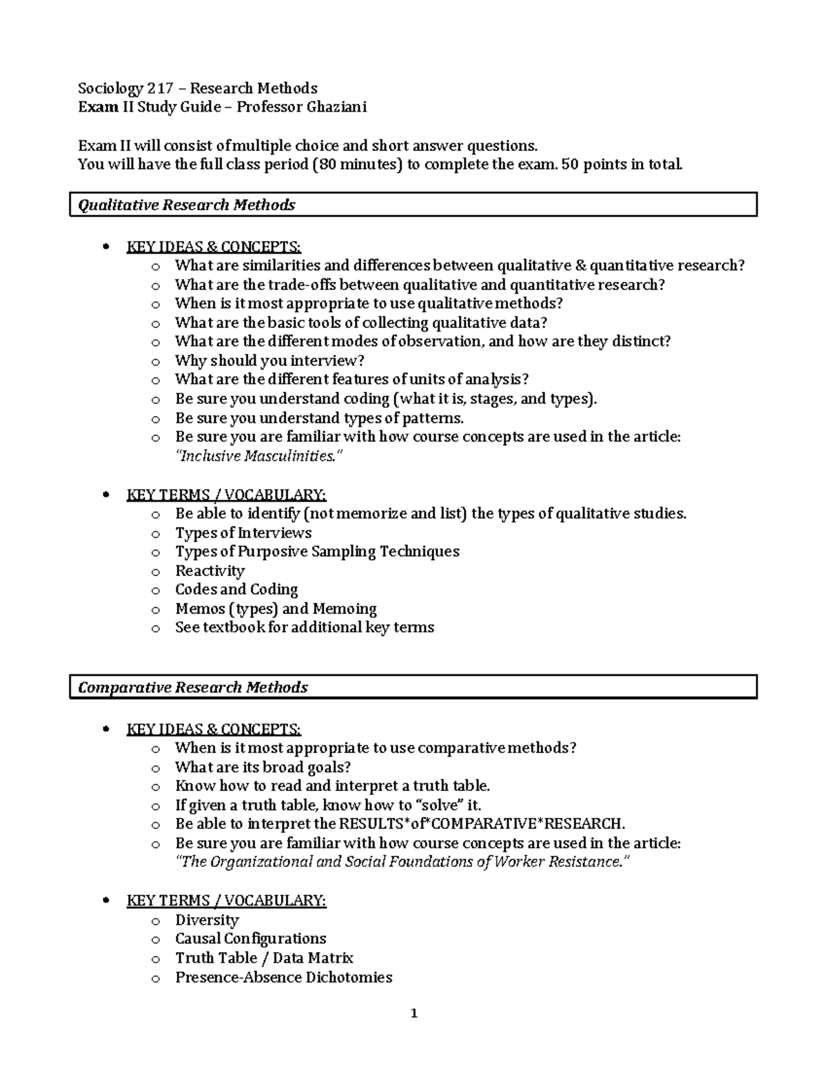 Exam II Study Guide - 1 Sociology 217 – Research Methods Exam II Study ...
