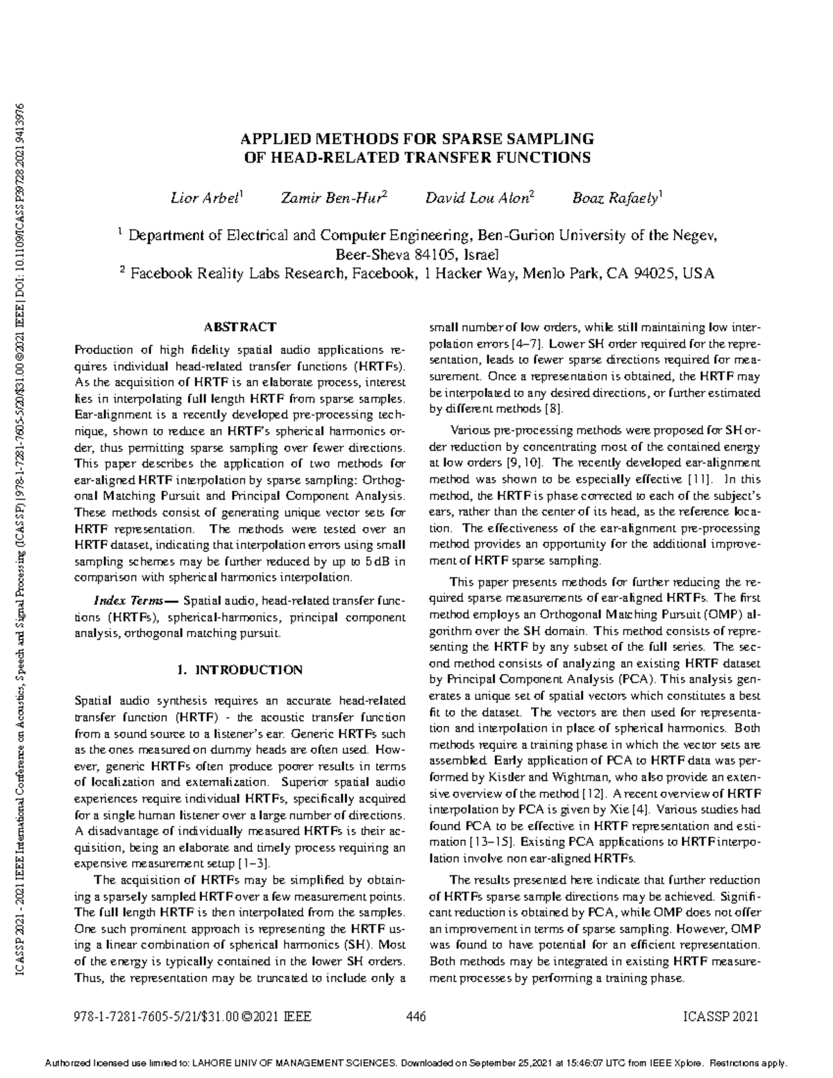 Applied Methods For Sparse Sampling Of Head Related Transfer Functions Applied Methods For