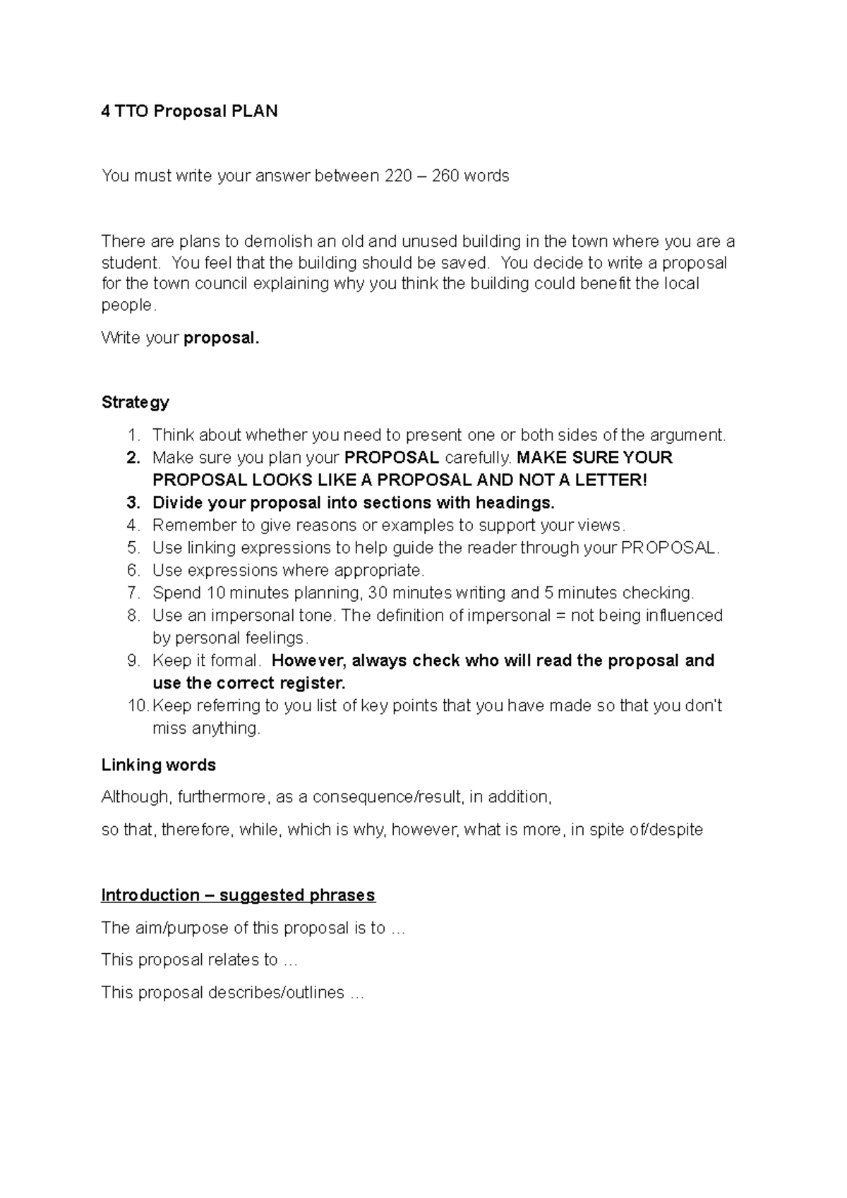 4 TTO Proposal PLAN - 4 TTO Proposal PLAN You must write your answer ...