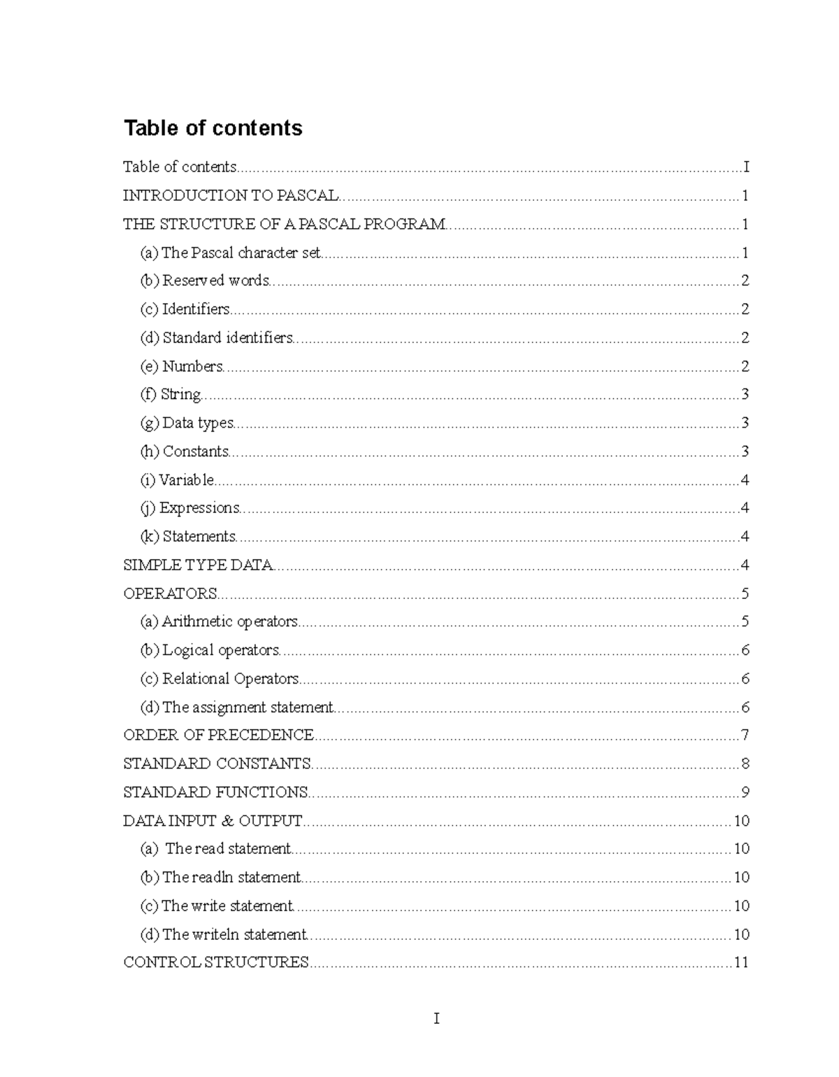 Programming With Pascal notes f INAL COPY-1 - Table of contents ...