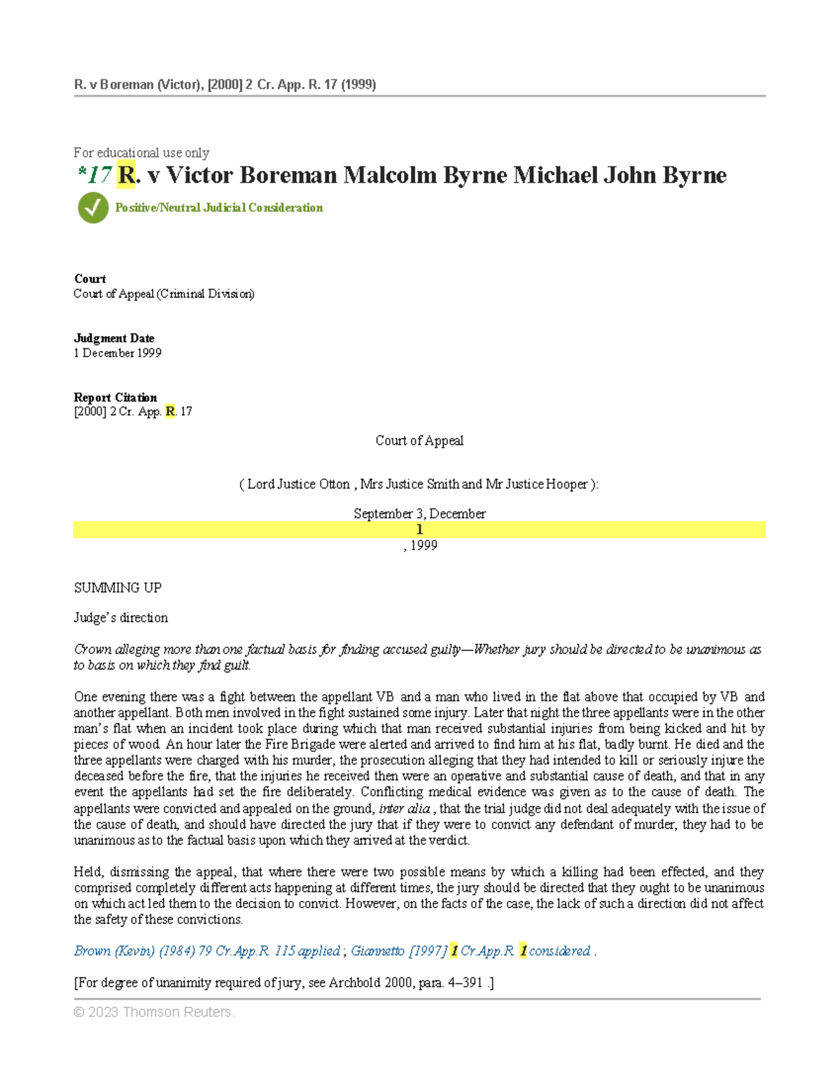 R v Boreman (Victor) = Coincidence in time, appeal for murder - For ...