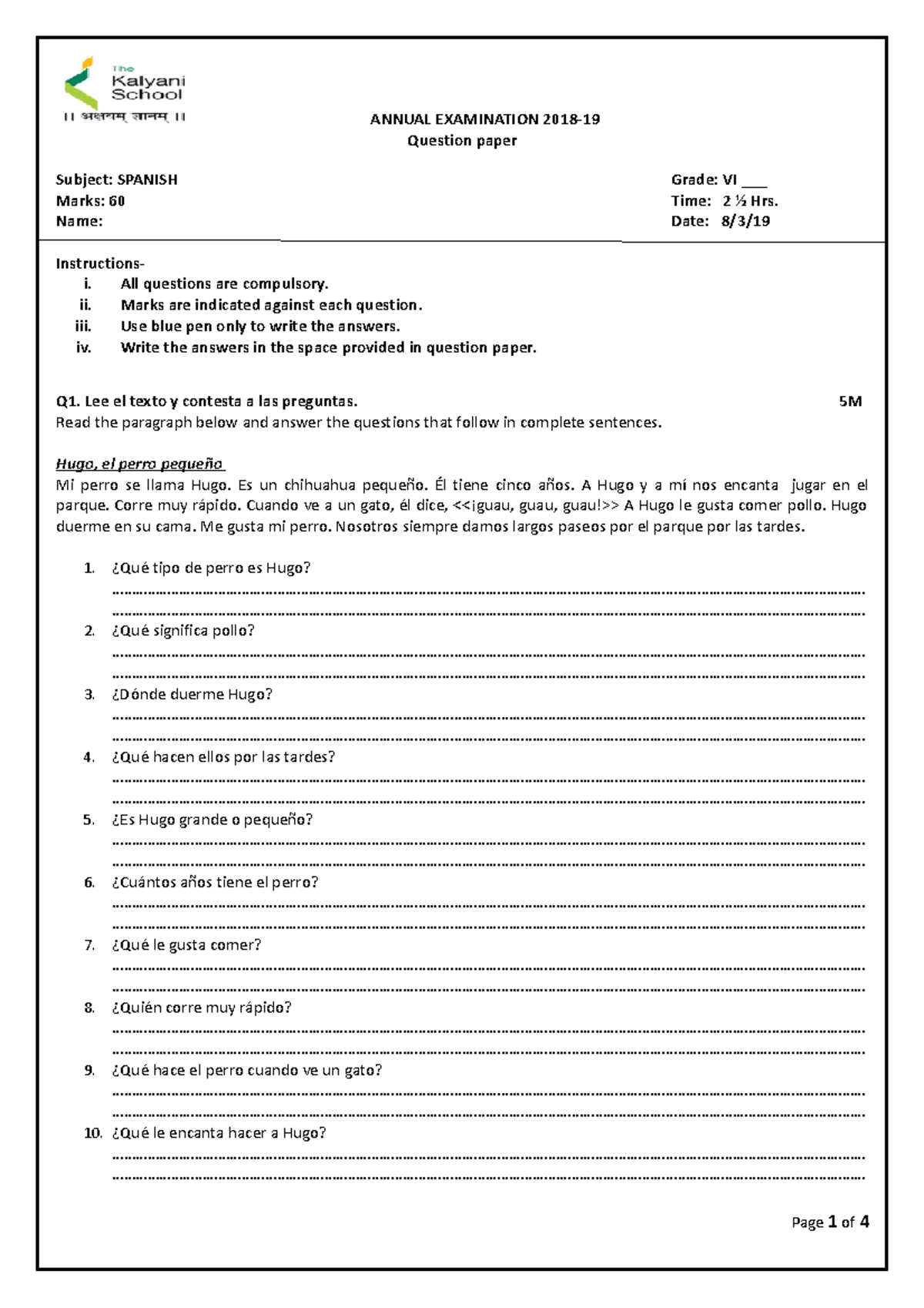 Grade VI Final EXAM Paper 2019 - ANNUAL EXAMINATION 2018- Question ...
