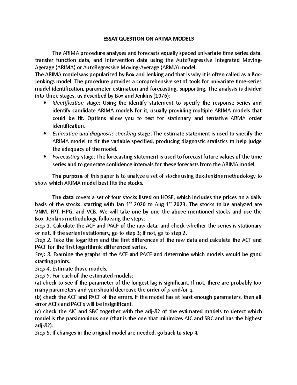 Essay Question ON Arima Models - ESSAY QUESTION ON ARIMA MODELS The ...