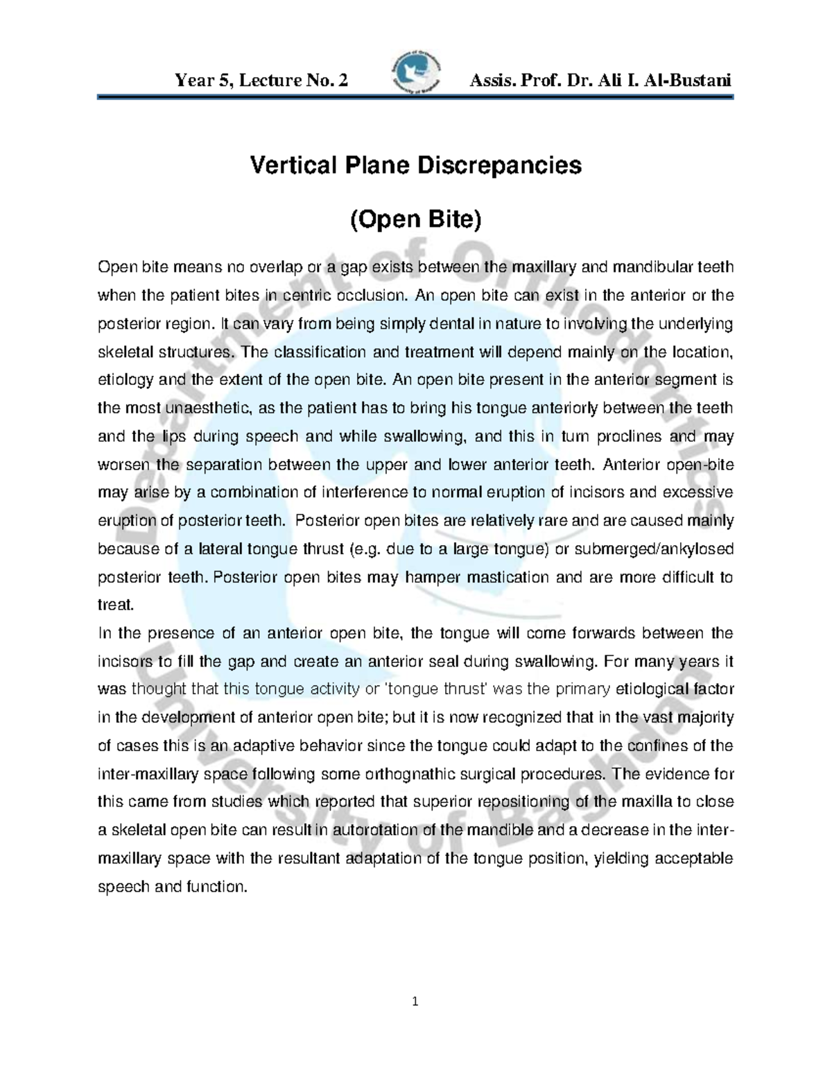 Y 5 Lec 2, Open Bite, Dr Ali Al-Bustani 2020 - Vertical Plane Discrepancies (Open Bite) Open ...