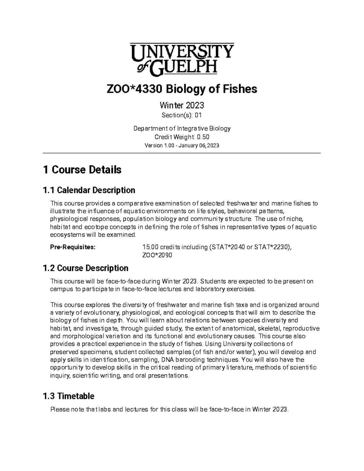ZOO4330 W23 Course Outline - ZOO*4330 Biology of Fishes Winter 2023 ...
