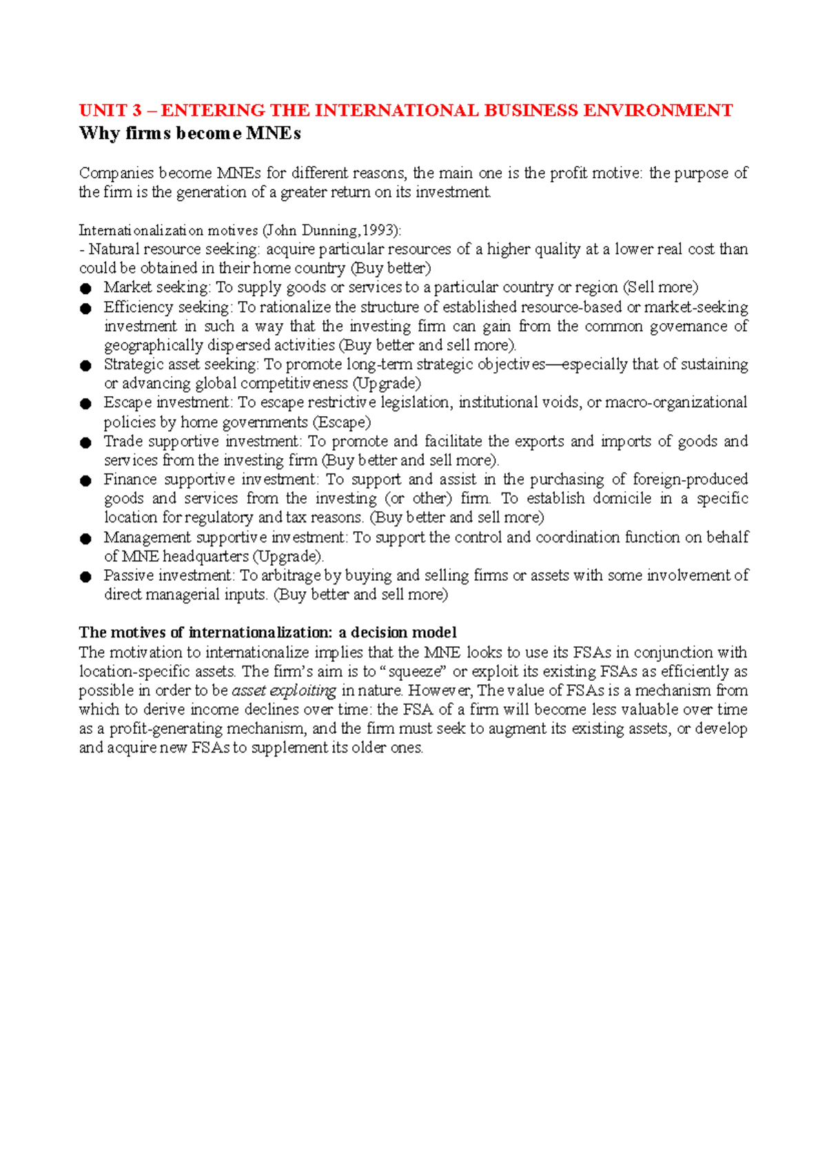 Entering the international business environment - UNIT 3 – ENTERING THE ...