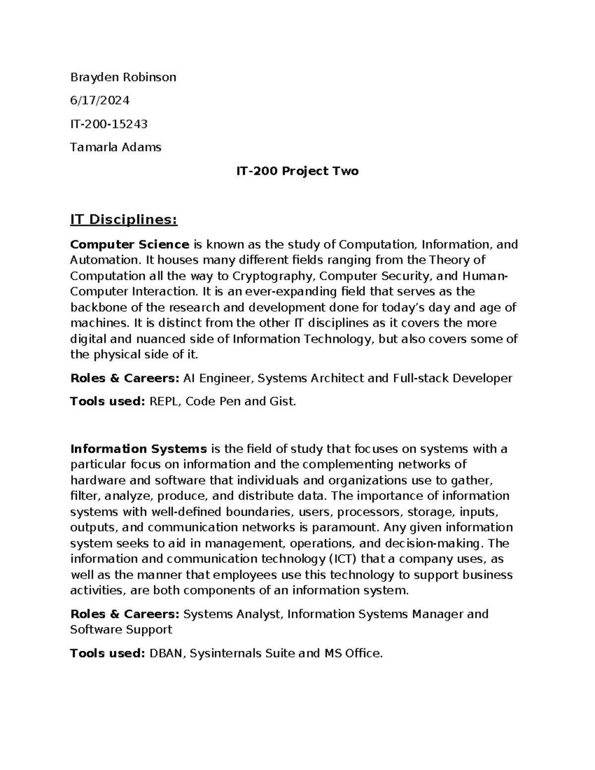 IT-200 Project 2 - Brayden Robinson - Brayden Robinson 6/17/ IT-200 ...