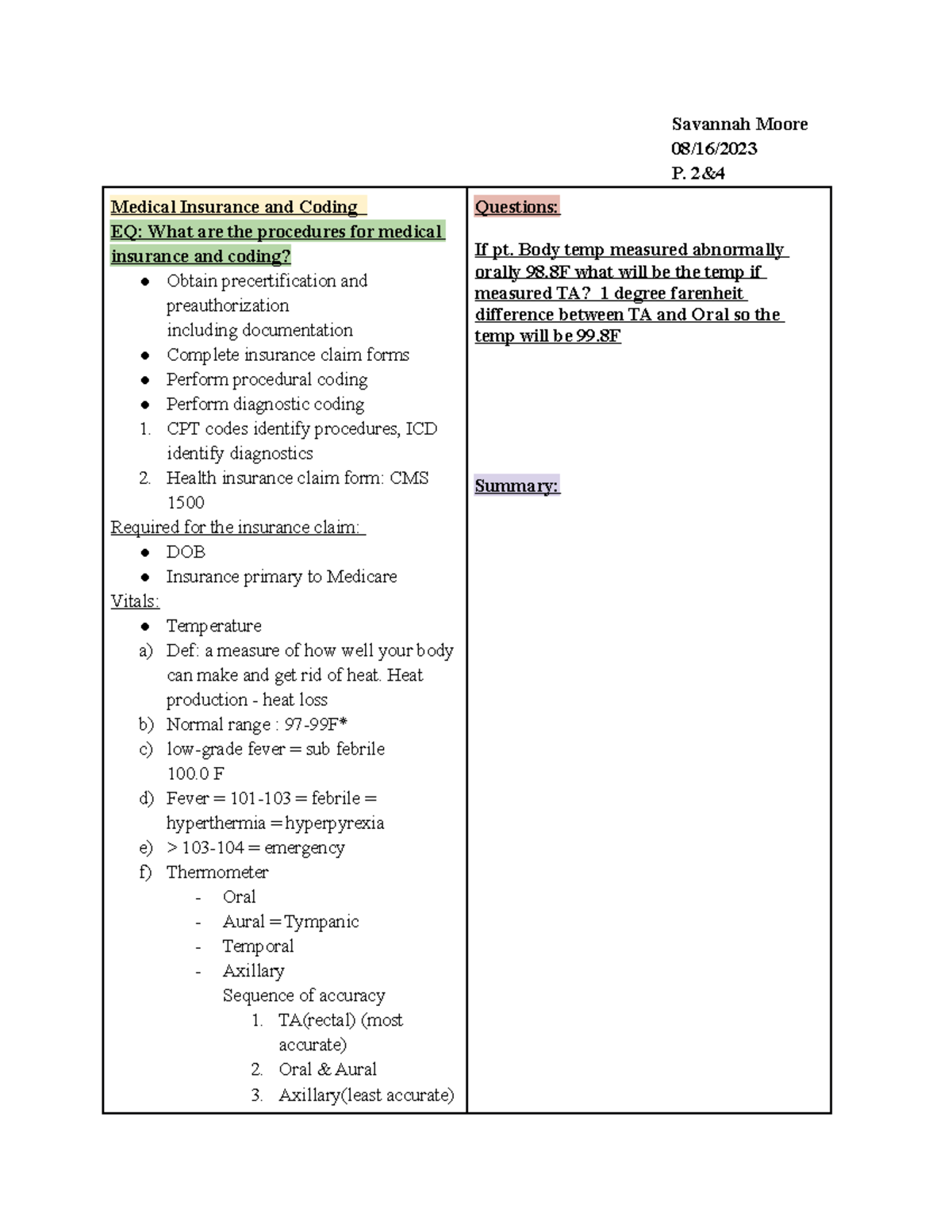 Medical Insurance and Coding - Savannah Moore 08/16/ P. 2& Medical ...