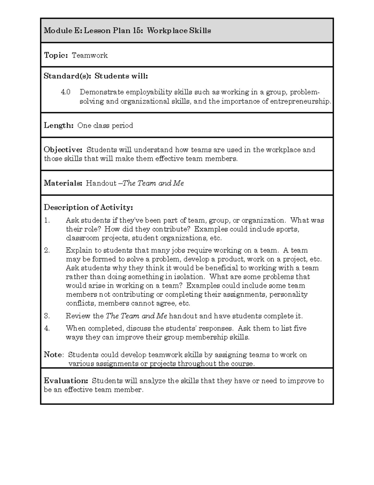 Teamwork - Module E: Lesson Plan 15: Workplace Skills Topic: Teamwork ...