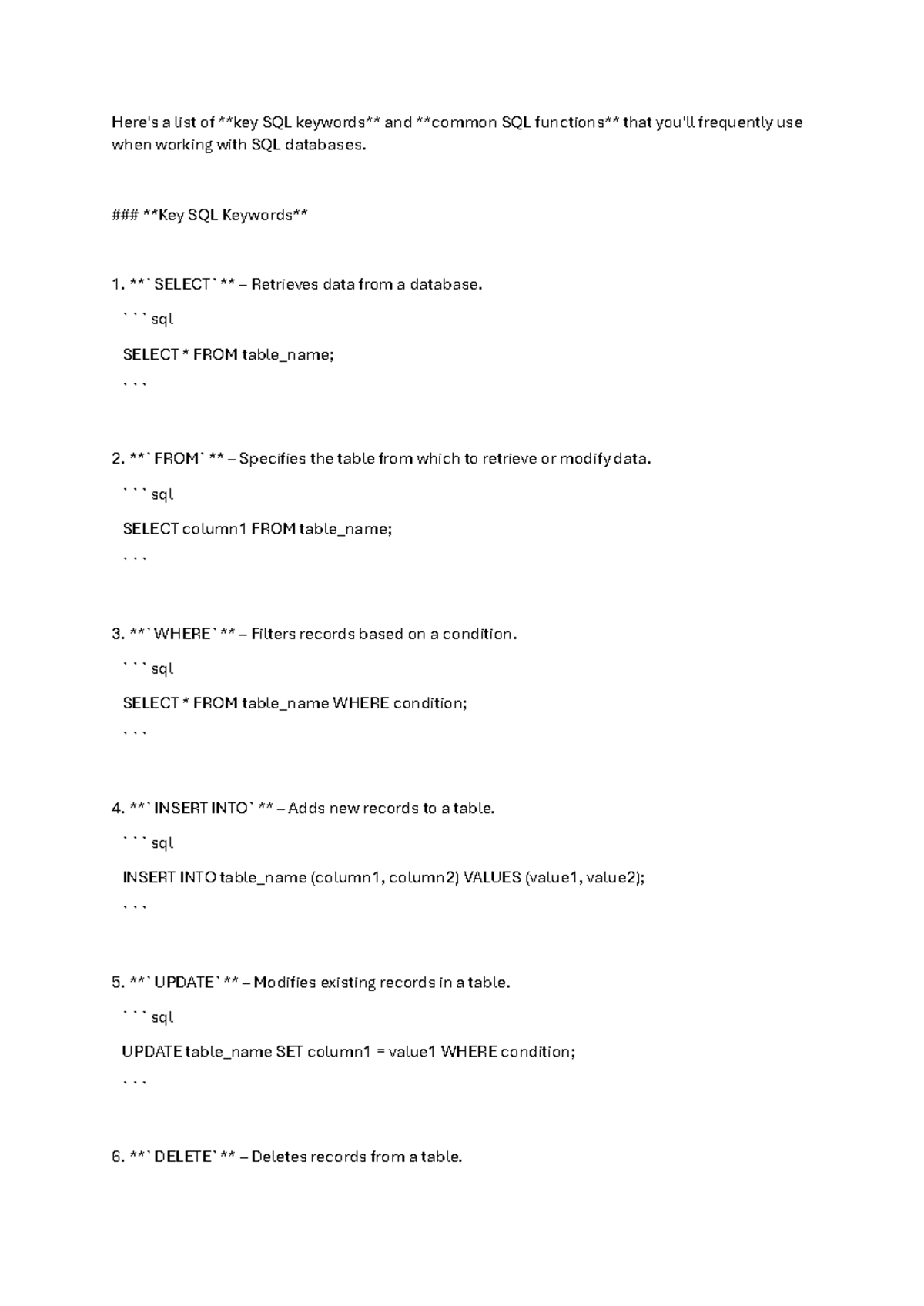 SQL keywords and Functions - Here's a list of key SQL keywords and ...
