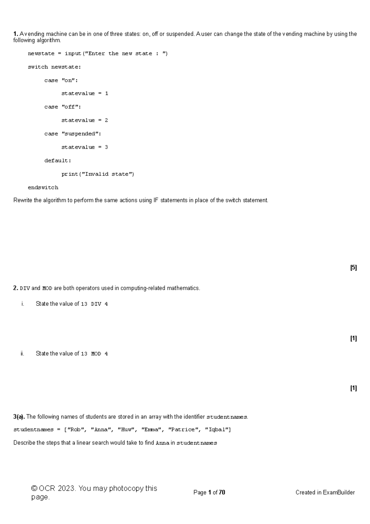 J277 Assignment 2023 - 1 algorithm. A vending machine can be in one of ...