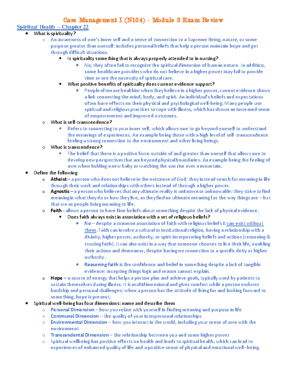 Module 3 Study Guide Complete +5 pts to Pre Test - Care Management I ...