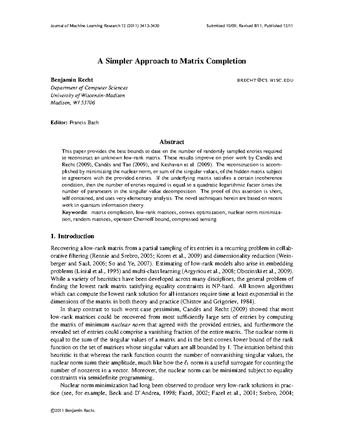 A Simpler Approach to Matrix Completion - Advanced Algebra I - Studocu
