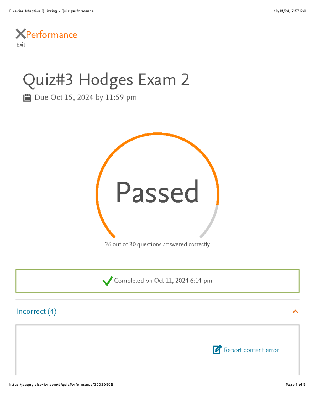 Elsevier Adaptive Quizzing - Quiz performance - ####### Exit Performance Quiz#3 Hodges Exam 2 ...