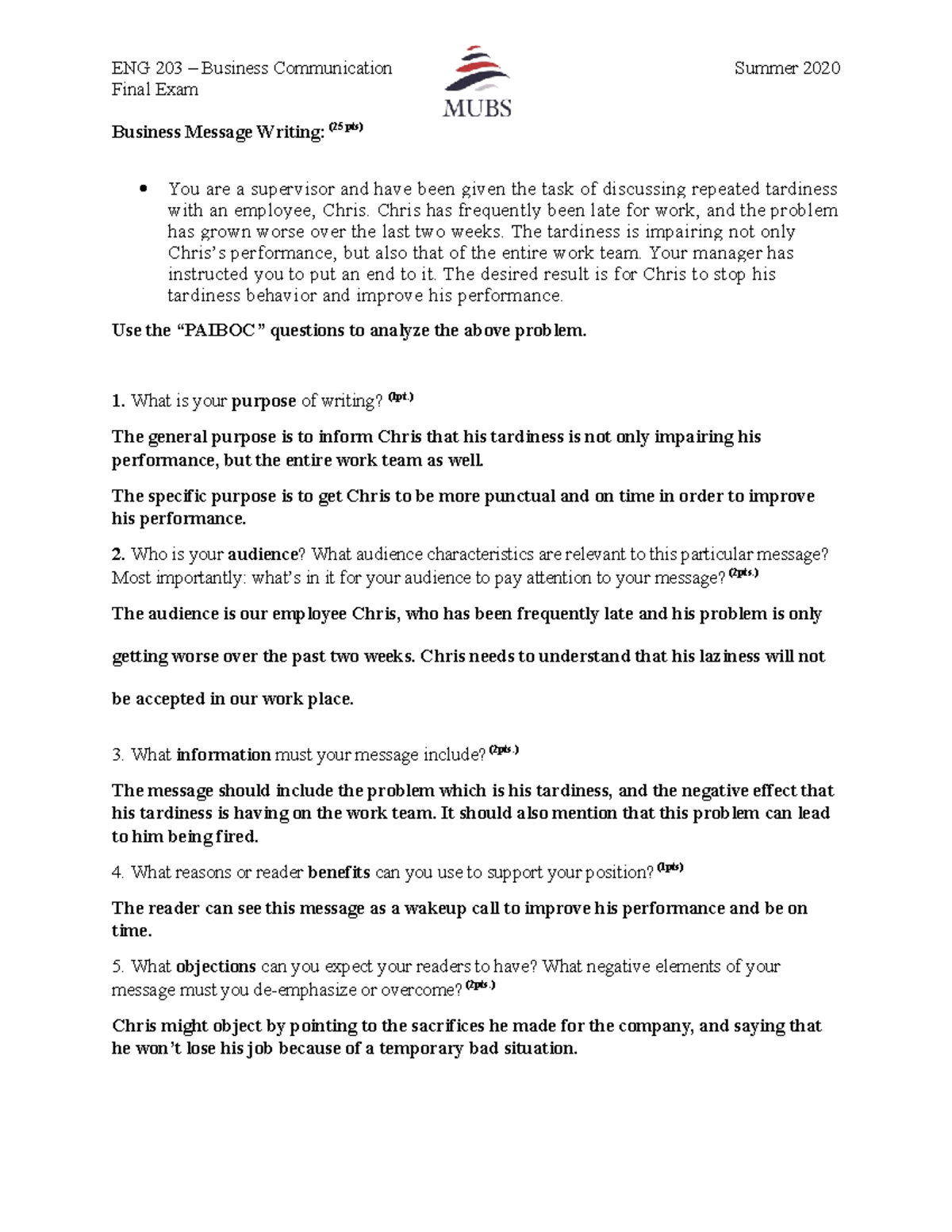 Final Exam 19 July 2020, questions - ENG 203 – Business Communication ...