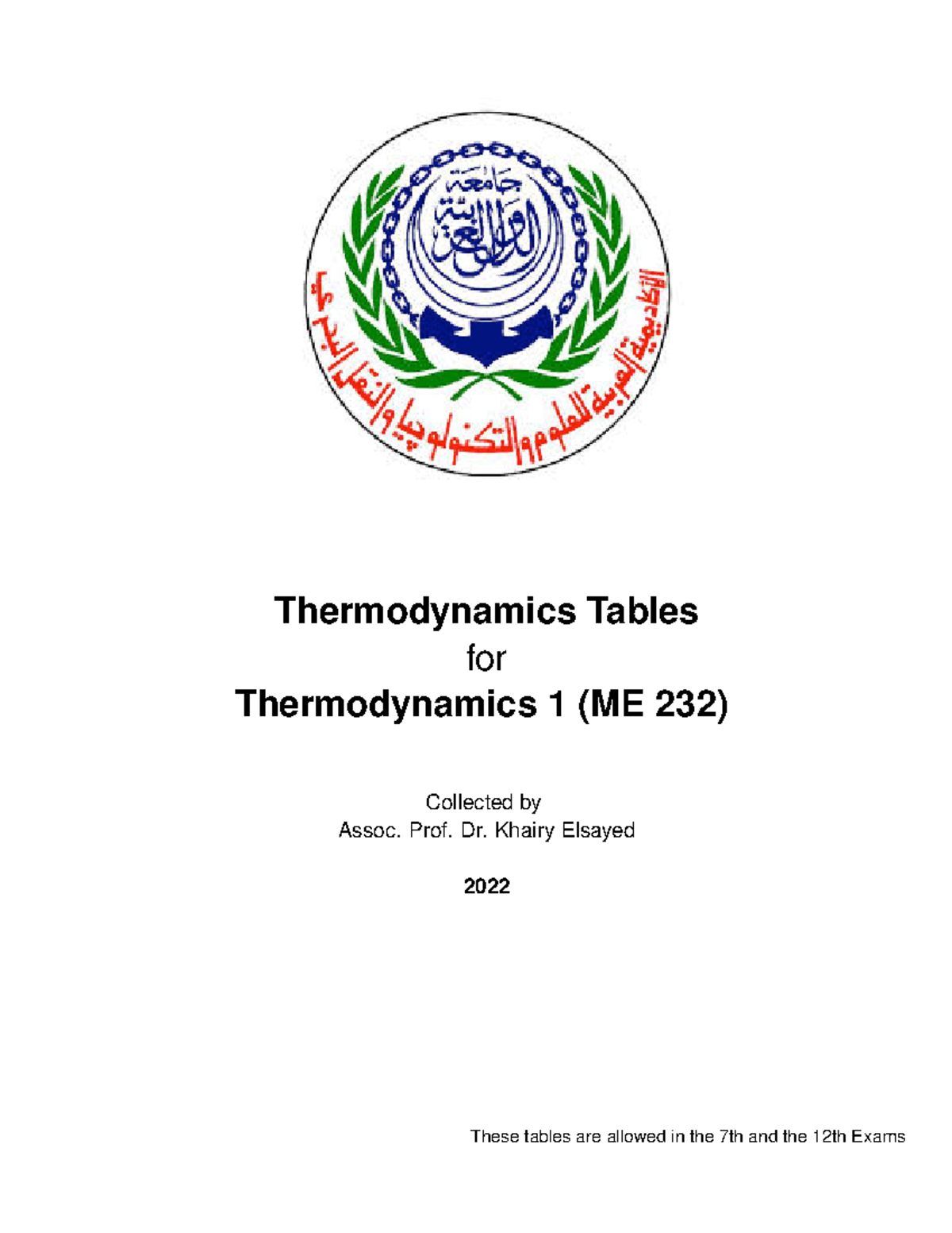 Thermodynamics 1 Tables - Thermodynamics Tables for Thermodynamics 1 ...