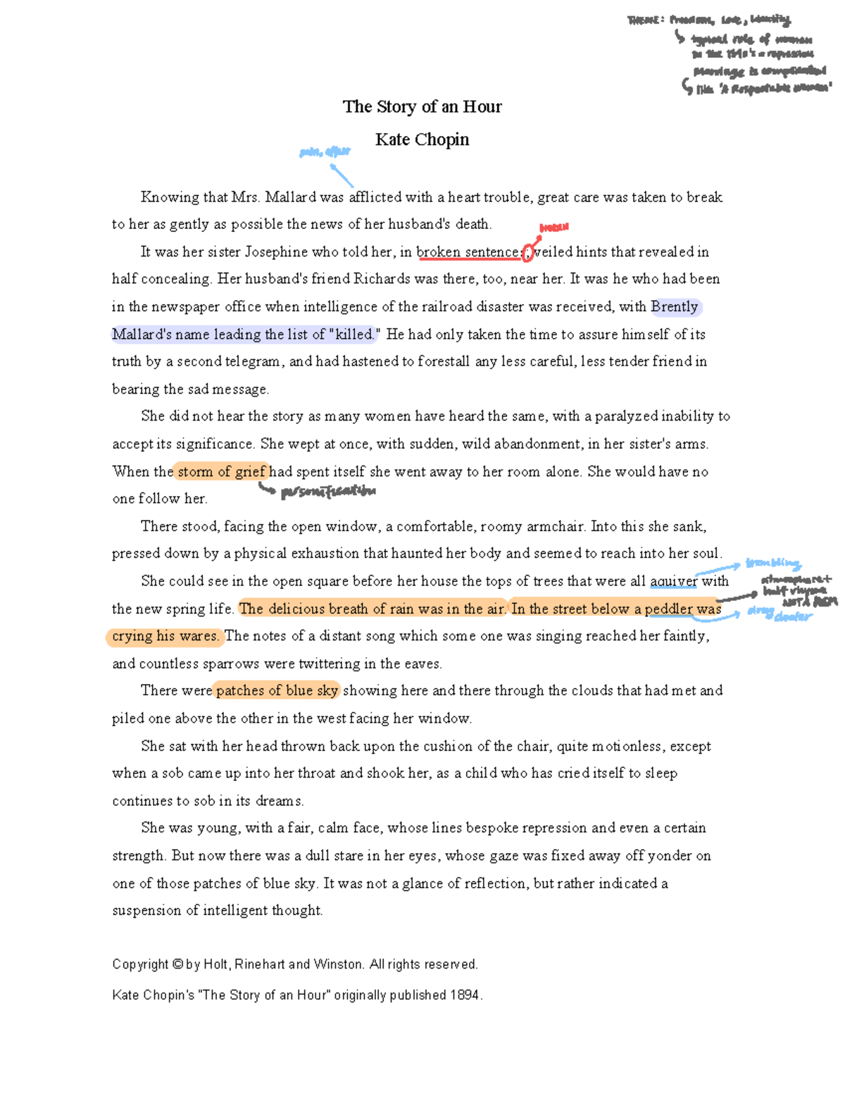 The Story of An Hour Annotations - Copyright © by Holt, Rinehart and ...