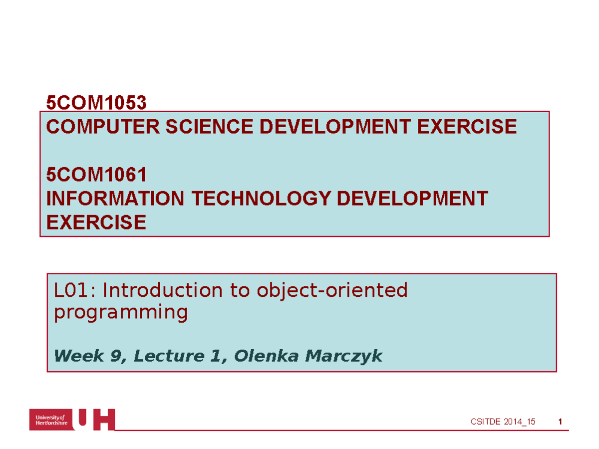 Lecture - 1 - Introduction - To - Oop - 5COM1053 COMPUTER SCIENCE ...