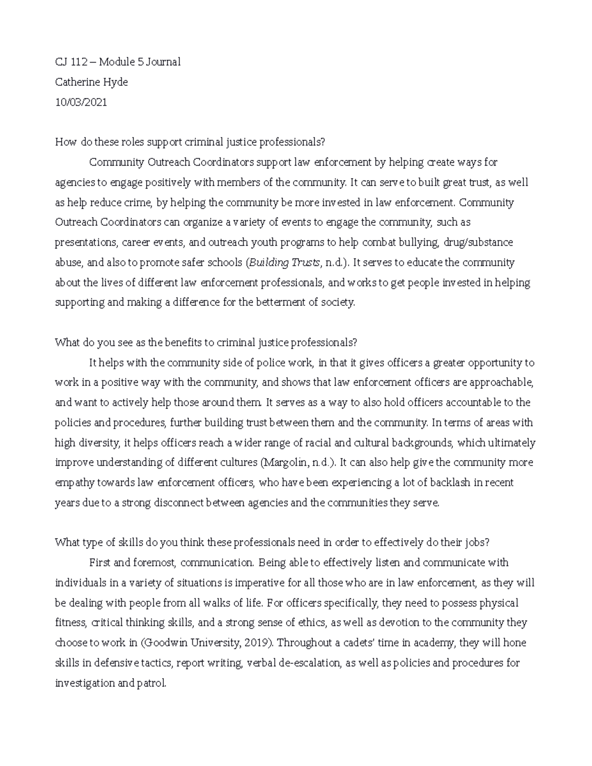 Module 5-1 Journal - Catherine Hyde - CJ 112 – Module 5 Journal ...
