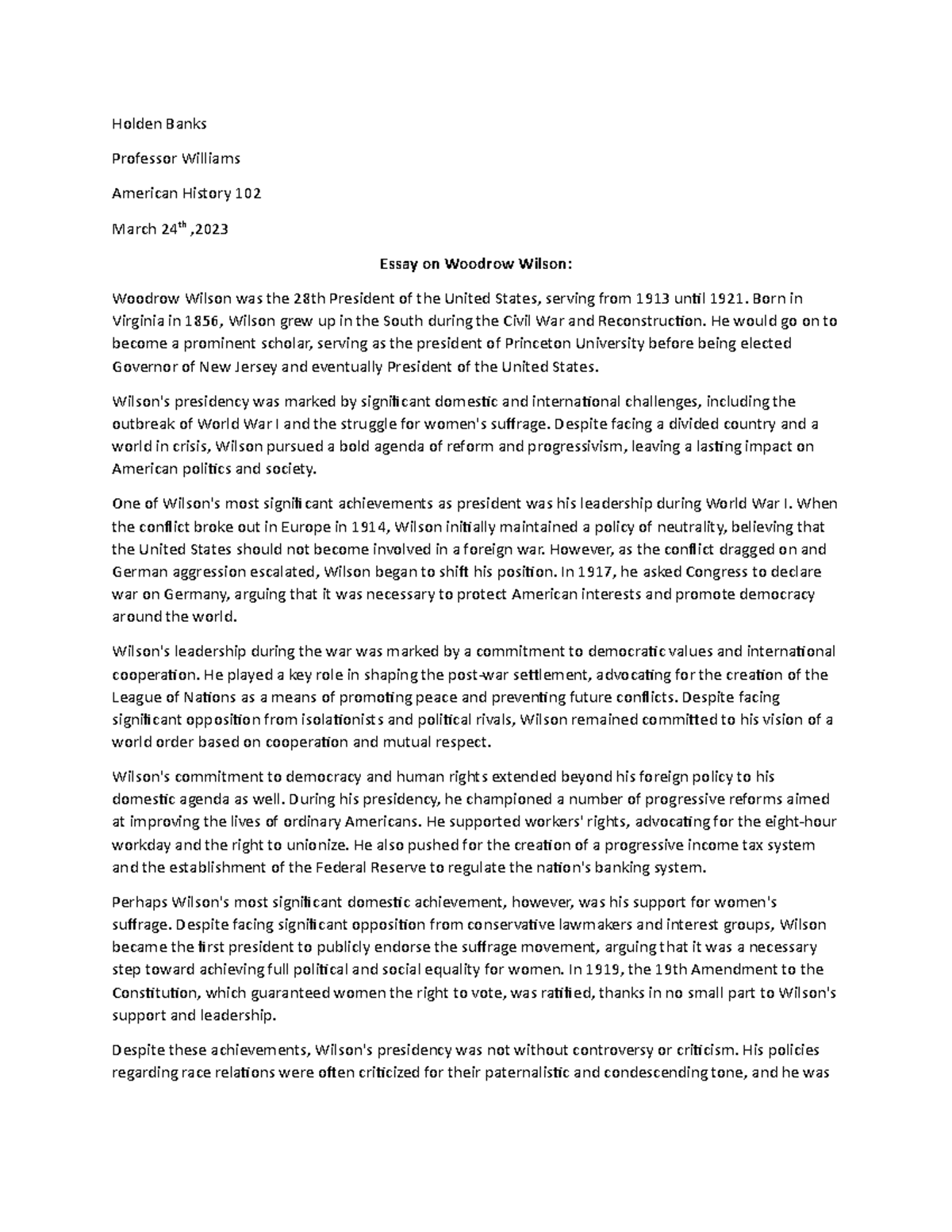 Document 49 Assignment on Woodrow Wilson - Holden Banks Professor ...