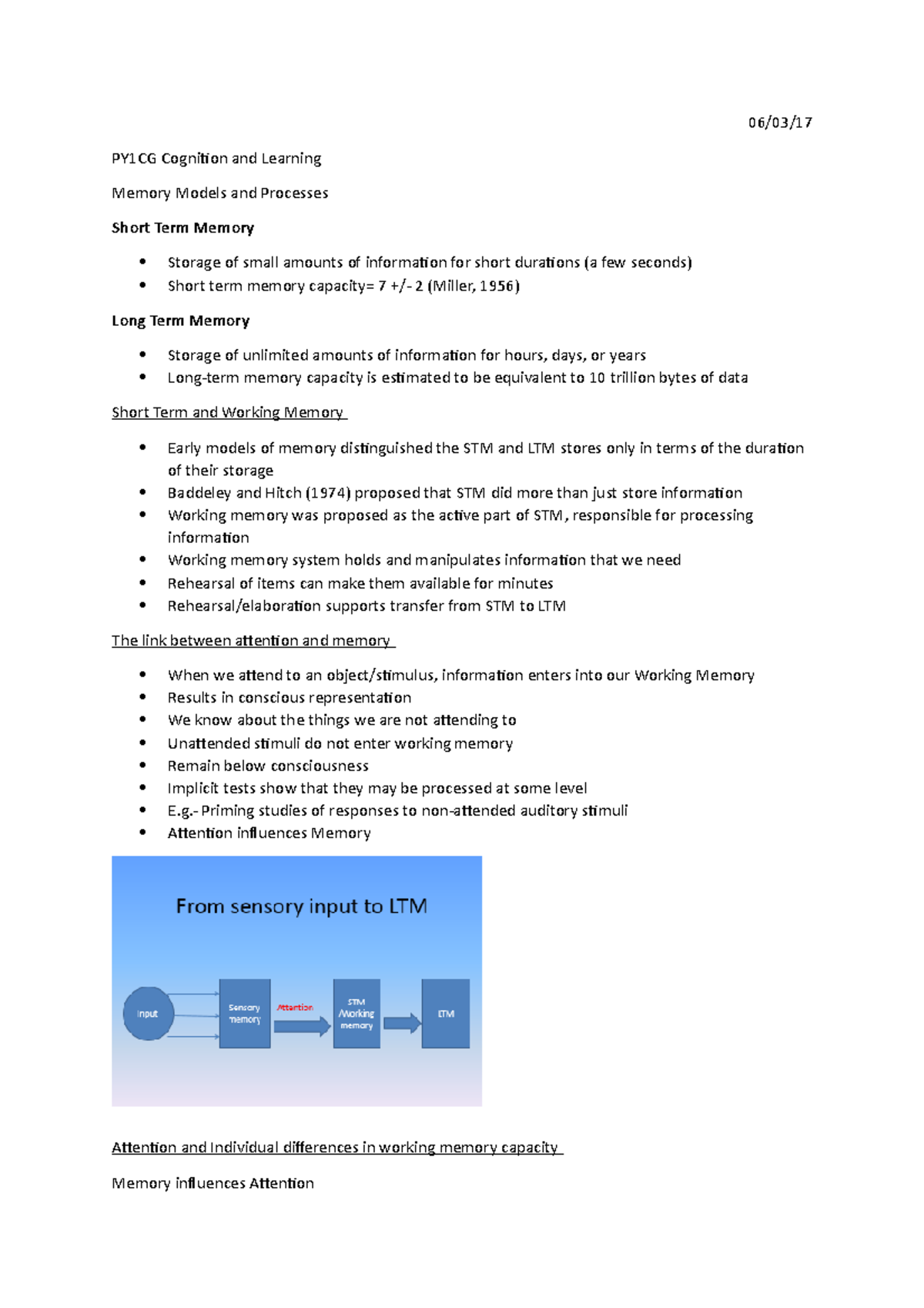 Lecture 9 - Memory Models and Processes - 06/03/ PY1CG Cognition and ...